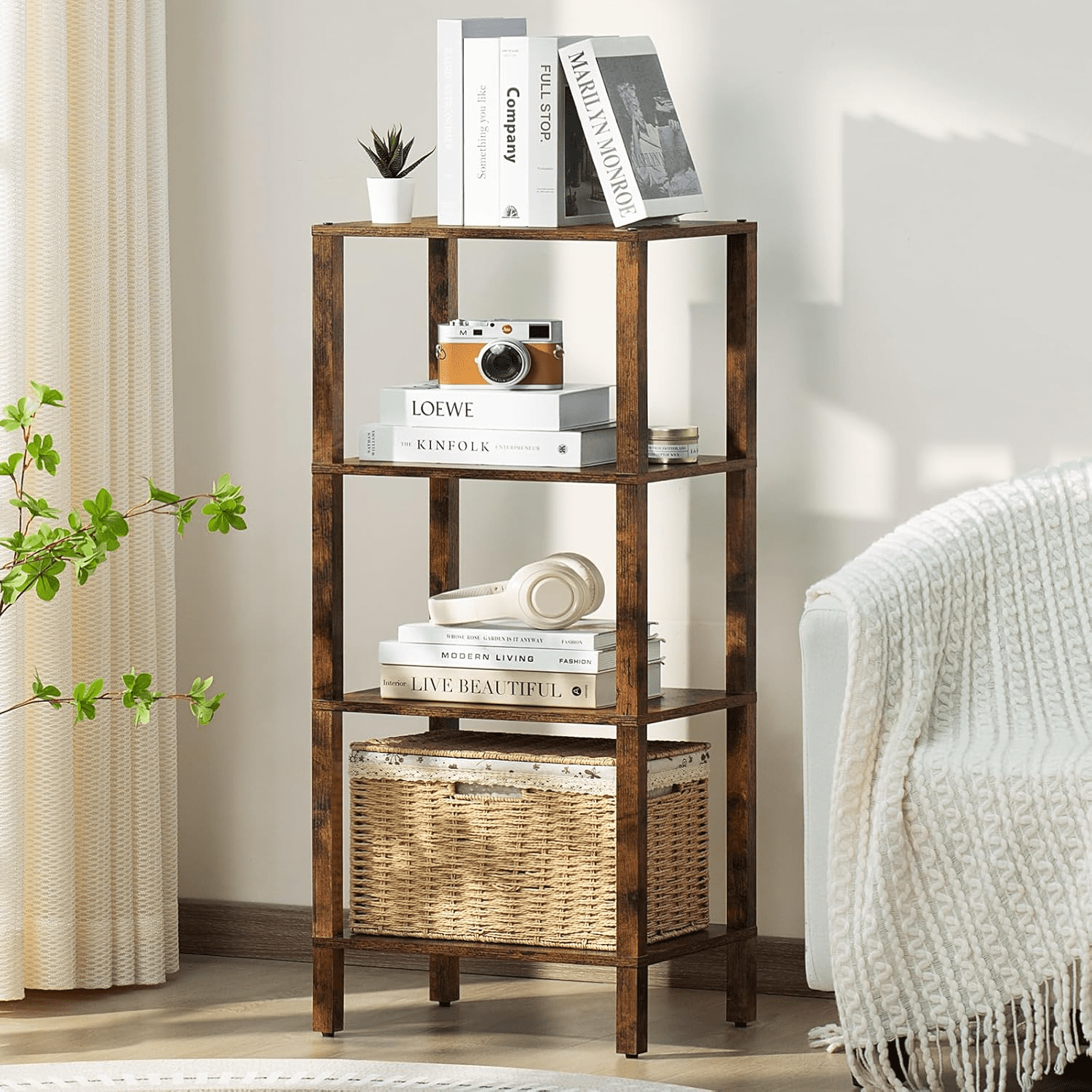 yfuajgfk 4 Tier Tall Wooden Bookshelf with Storage - Small Bookcase for ...