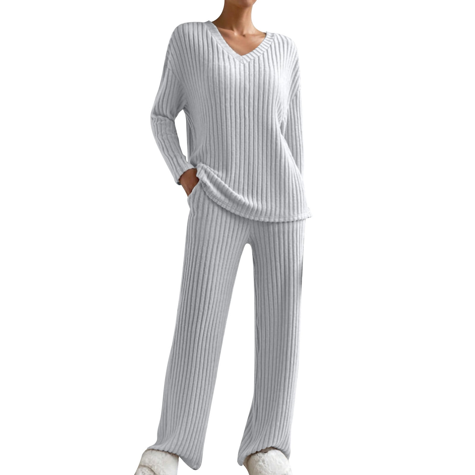 yievot Pajamas for Women Set Ribbed Knitted Long Sleeve Top and Pants ...