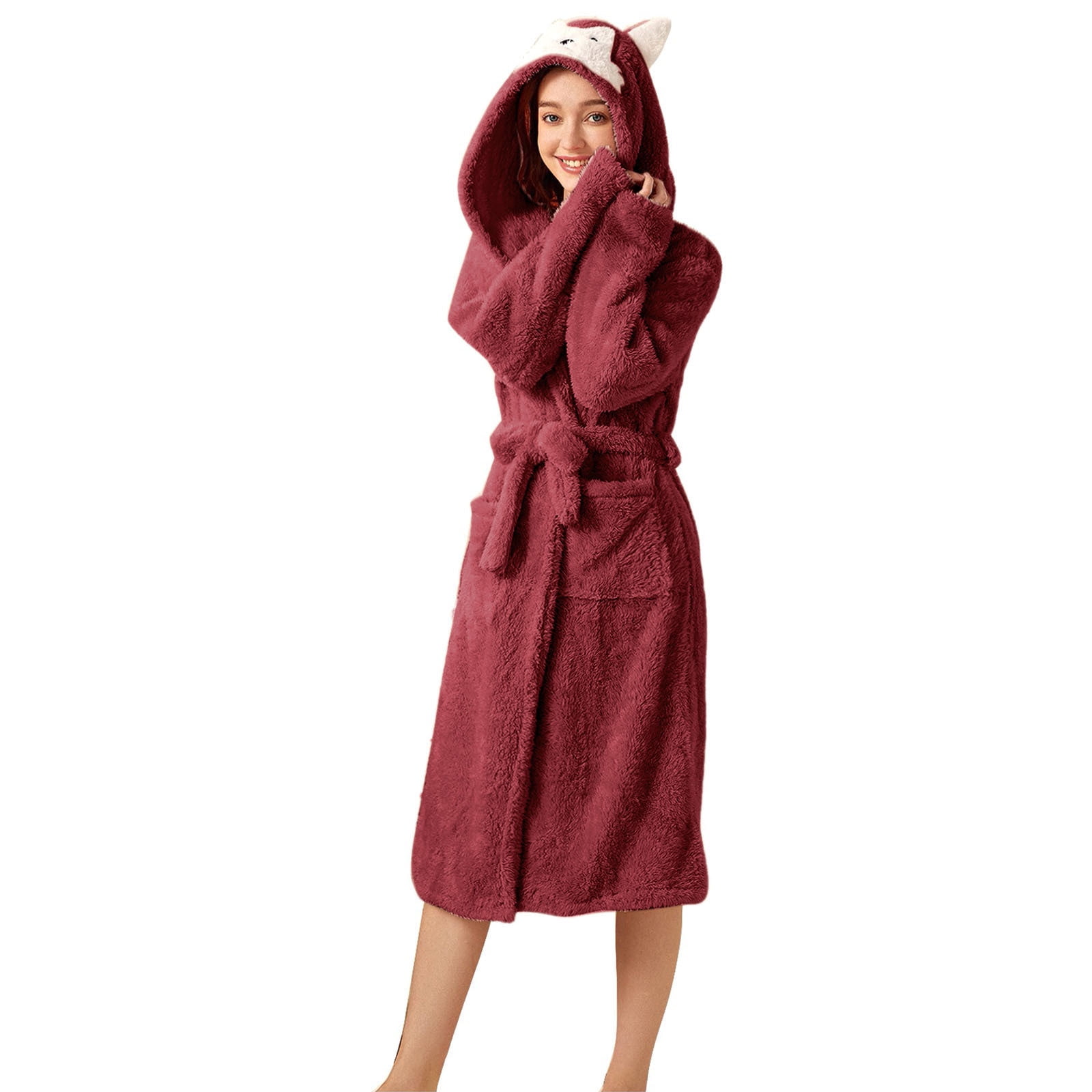 yievot Robes for Women Bathrobe Fuzzy Mid Length Hooded Bath Robe ...