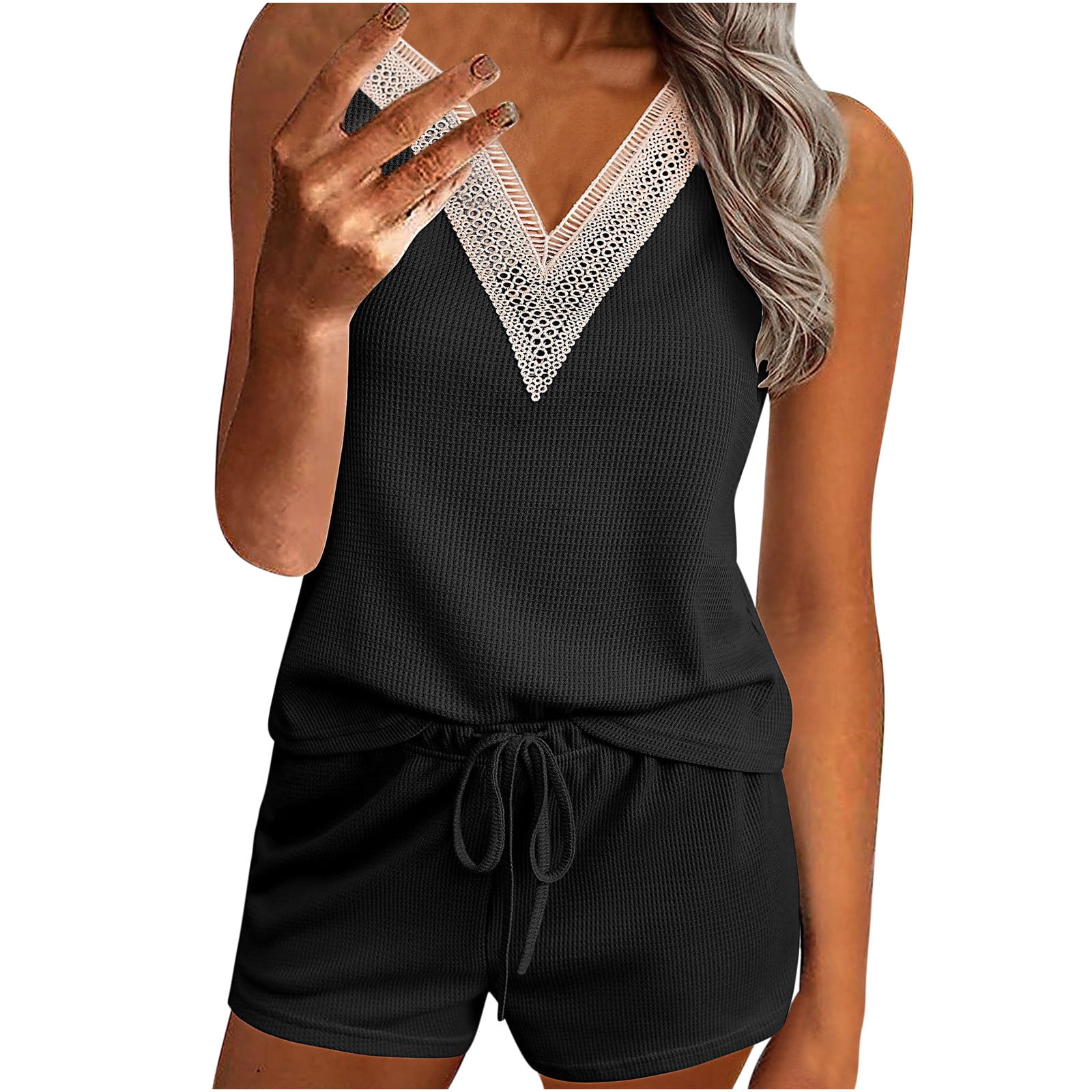 yievot Women's Pajamas Set Sleeveless Lace V Neck Tank Top and Shorts ...