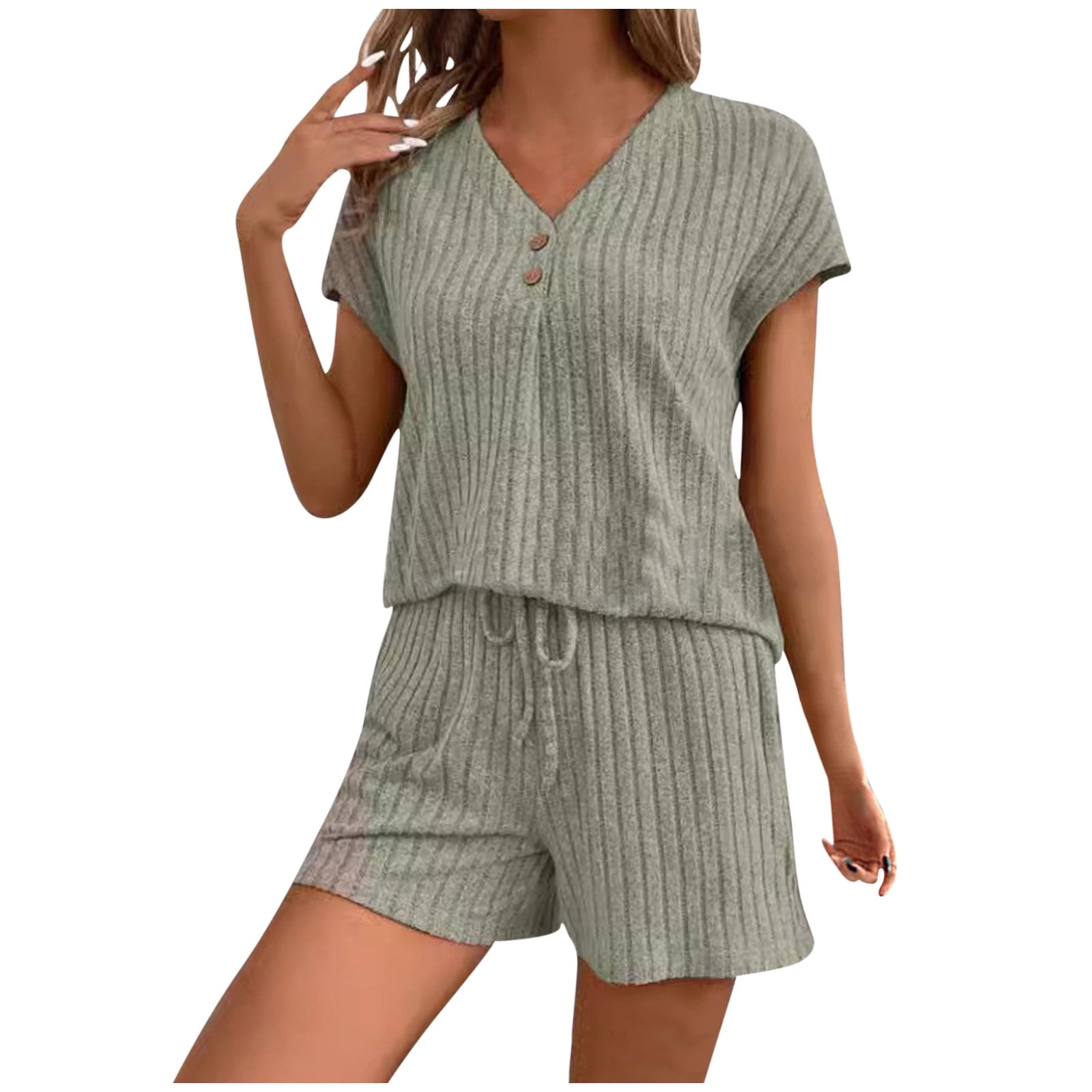 yievot Women's Pajamas Set Summer Loungewear Ribbed Knit Top and Shorts ...