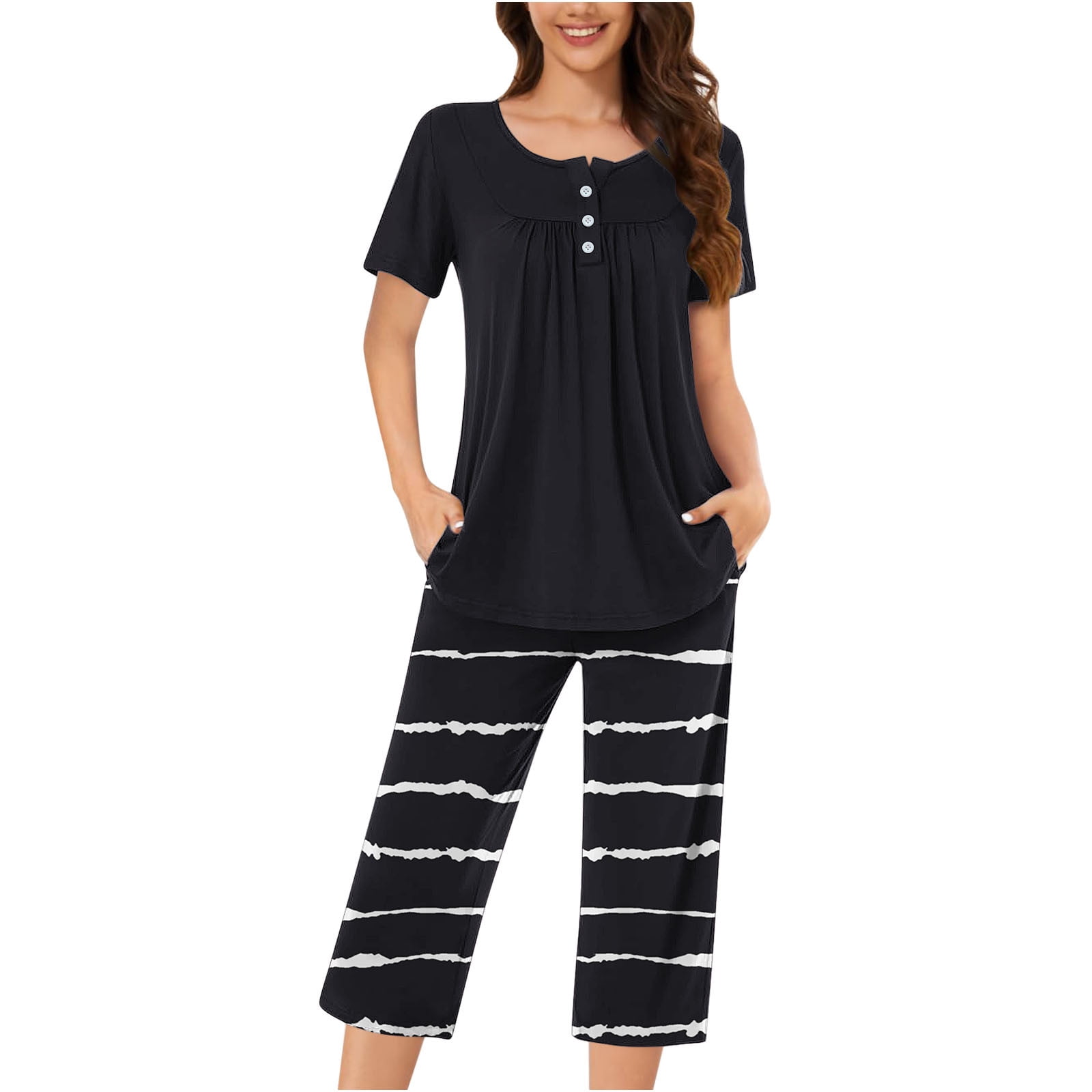 yievot Womens Capri Pajama Sets Loungewear Short Sleeve Top with Capri ...