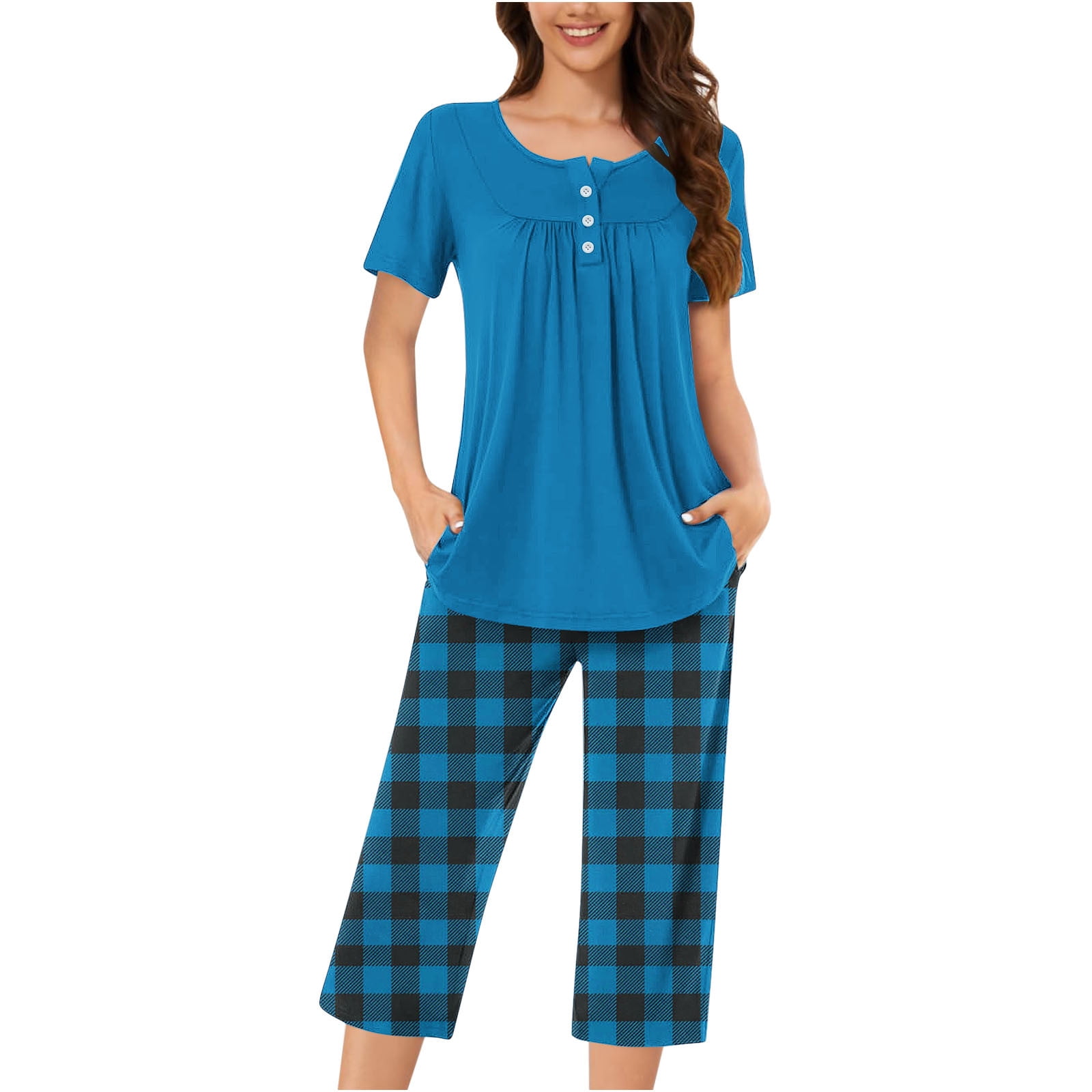 yievot Womens Capri Pajama Sets Short Sleeve Top and Capri Pant Set ...