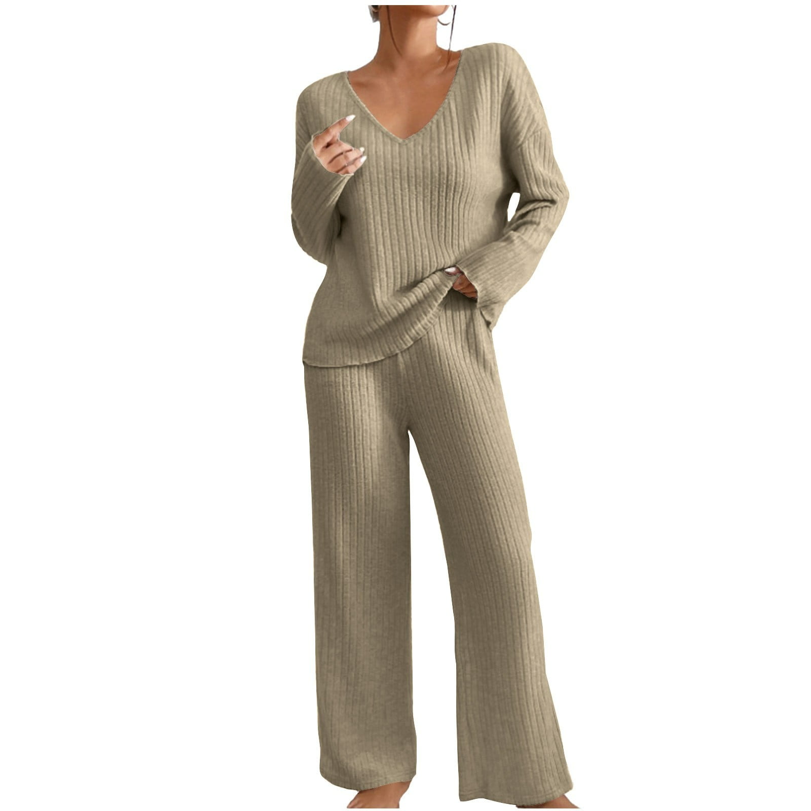yievot Womens Knit Pajama Sets Long Sleeve Top and Pants Matching ...