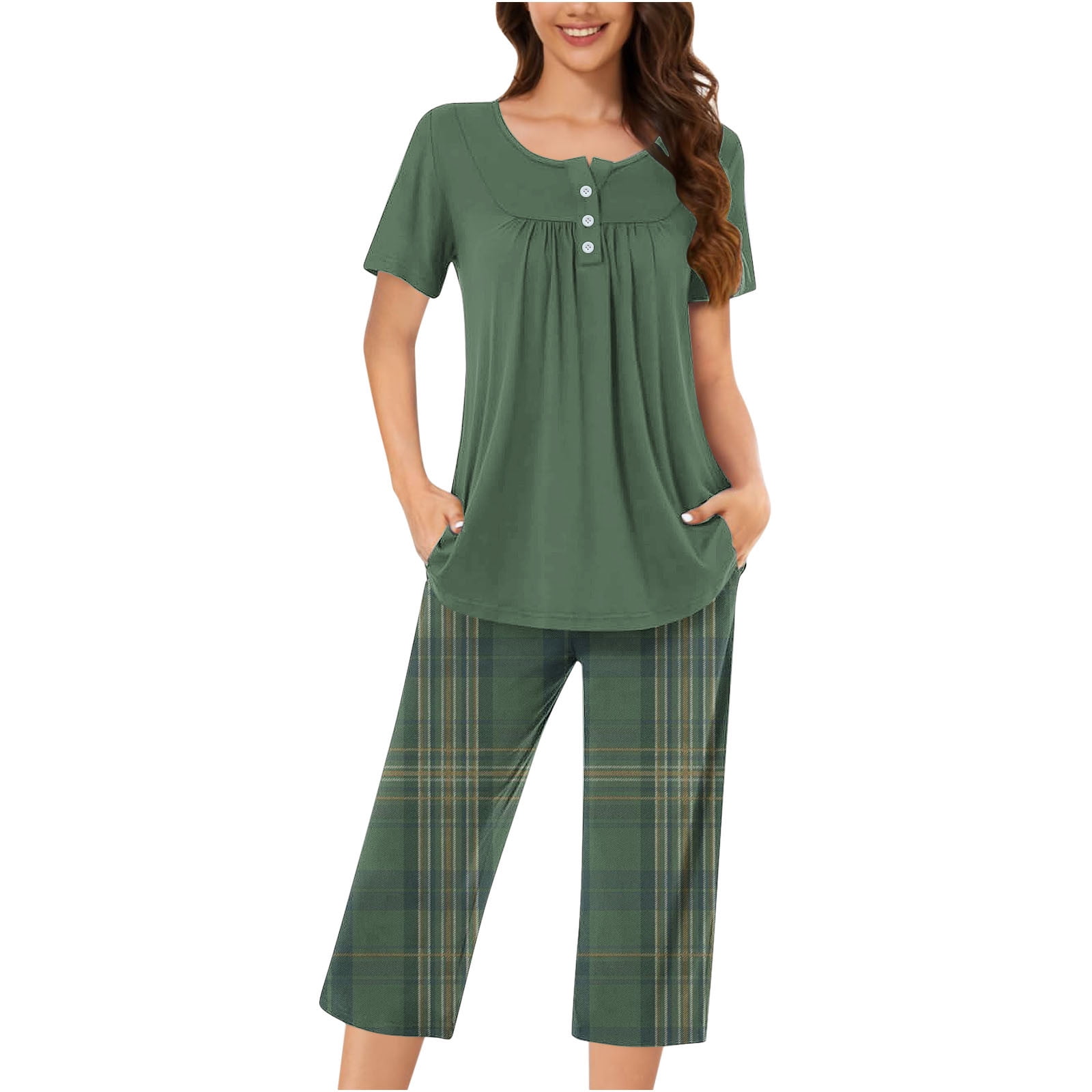 yievot Womens Lounge Set Short Sleeve Top and Capri Pants Sleepwear ...