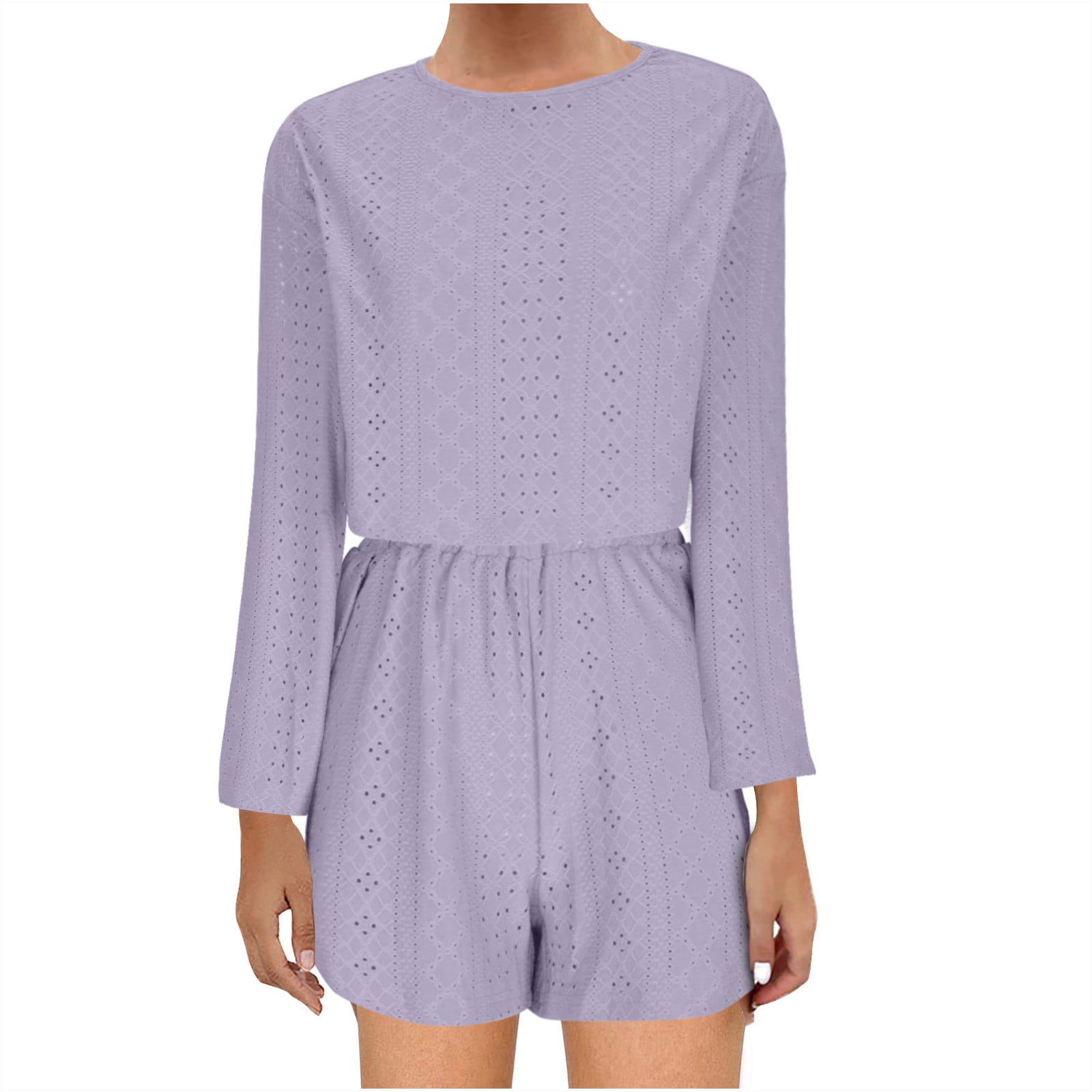 yievot Womens Pajamas Set Eyelet Long Sleeve Crewneck Top and Shorts ...