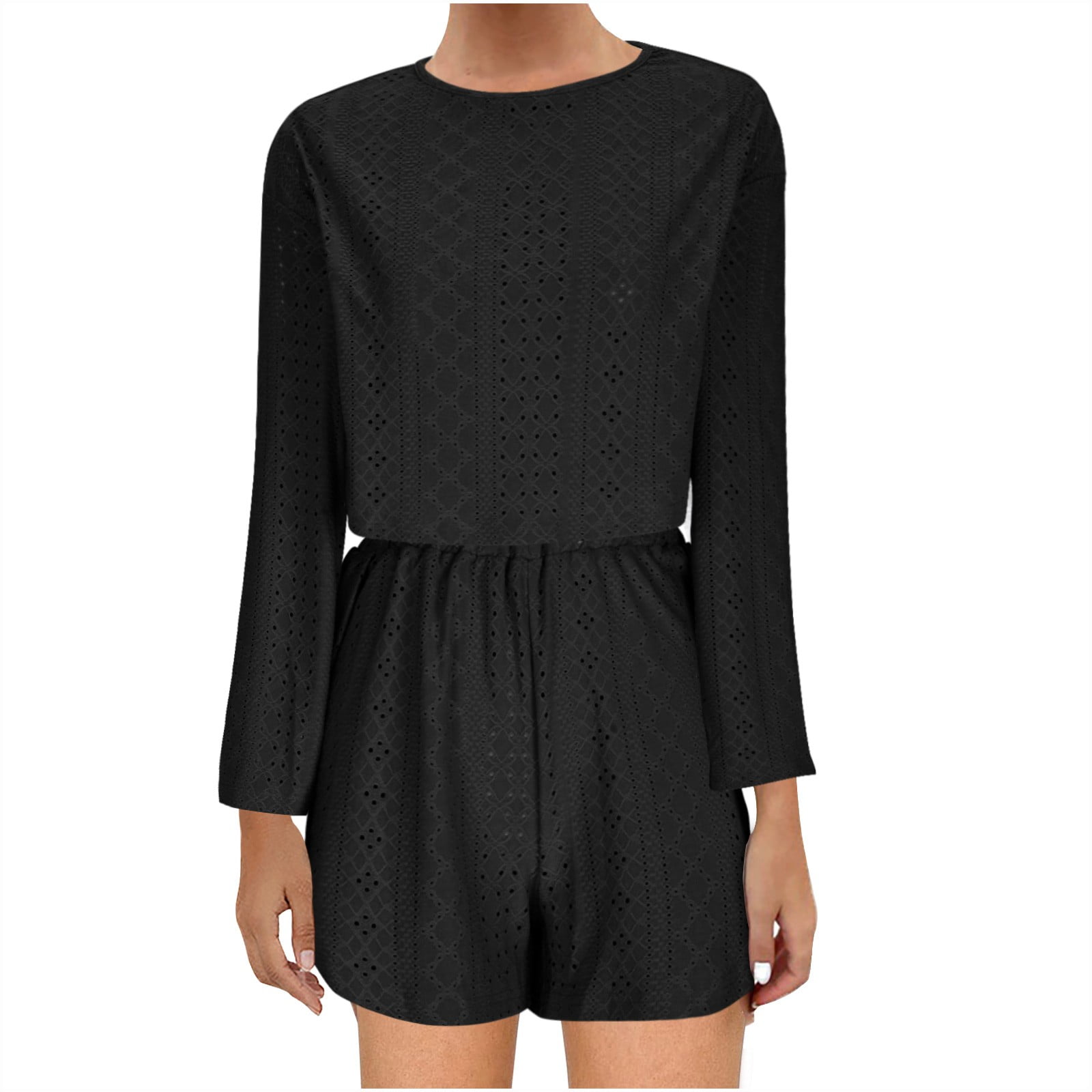 yievot Womens Pajamas Set Eyelet Long Sleeve Crewneck Top and Shorts ...