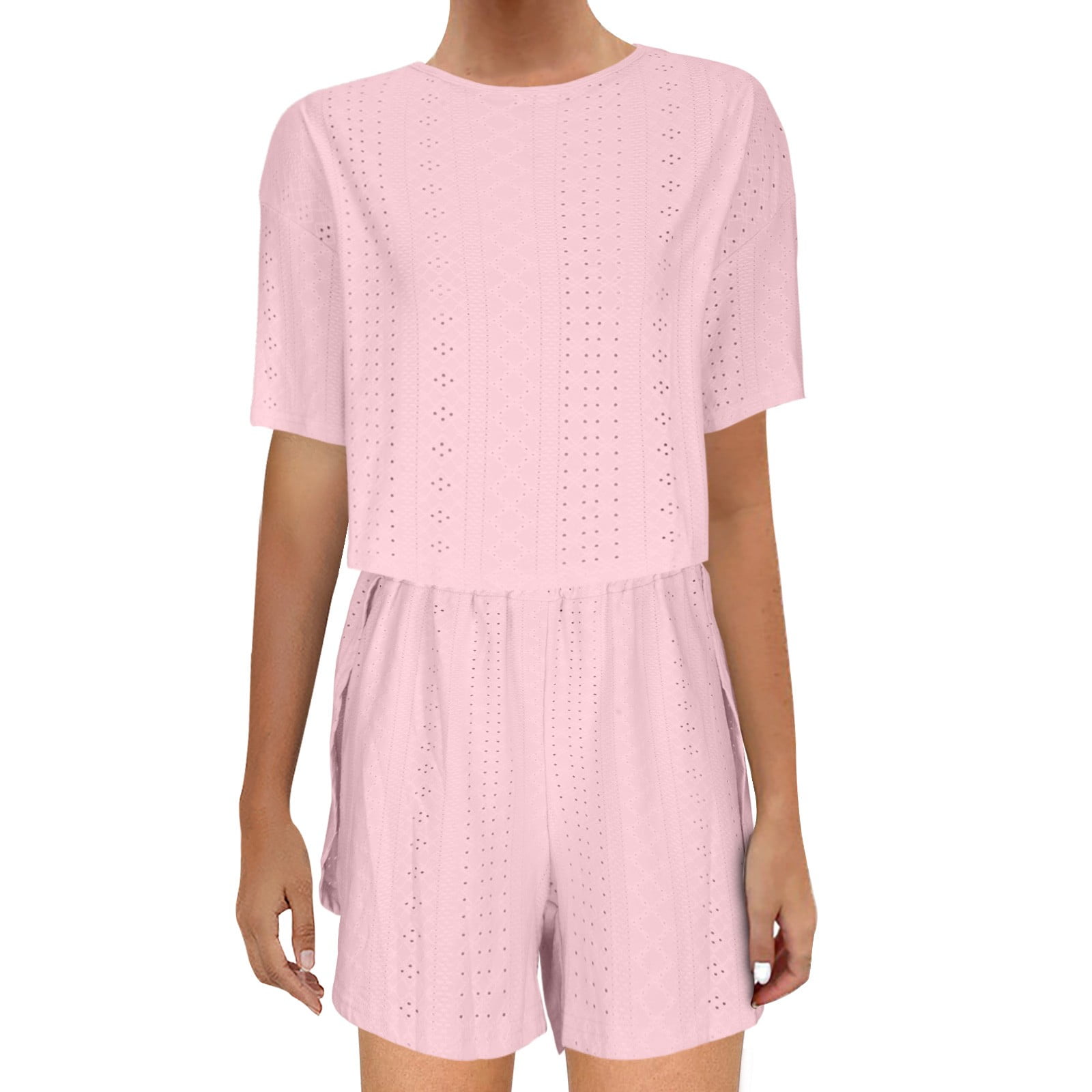 yievot Womens Pajamas Set Eyelet Short Sleeve Crewneck Top and Shorts ...