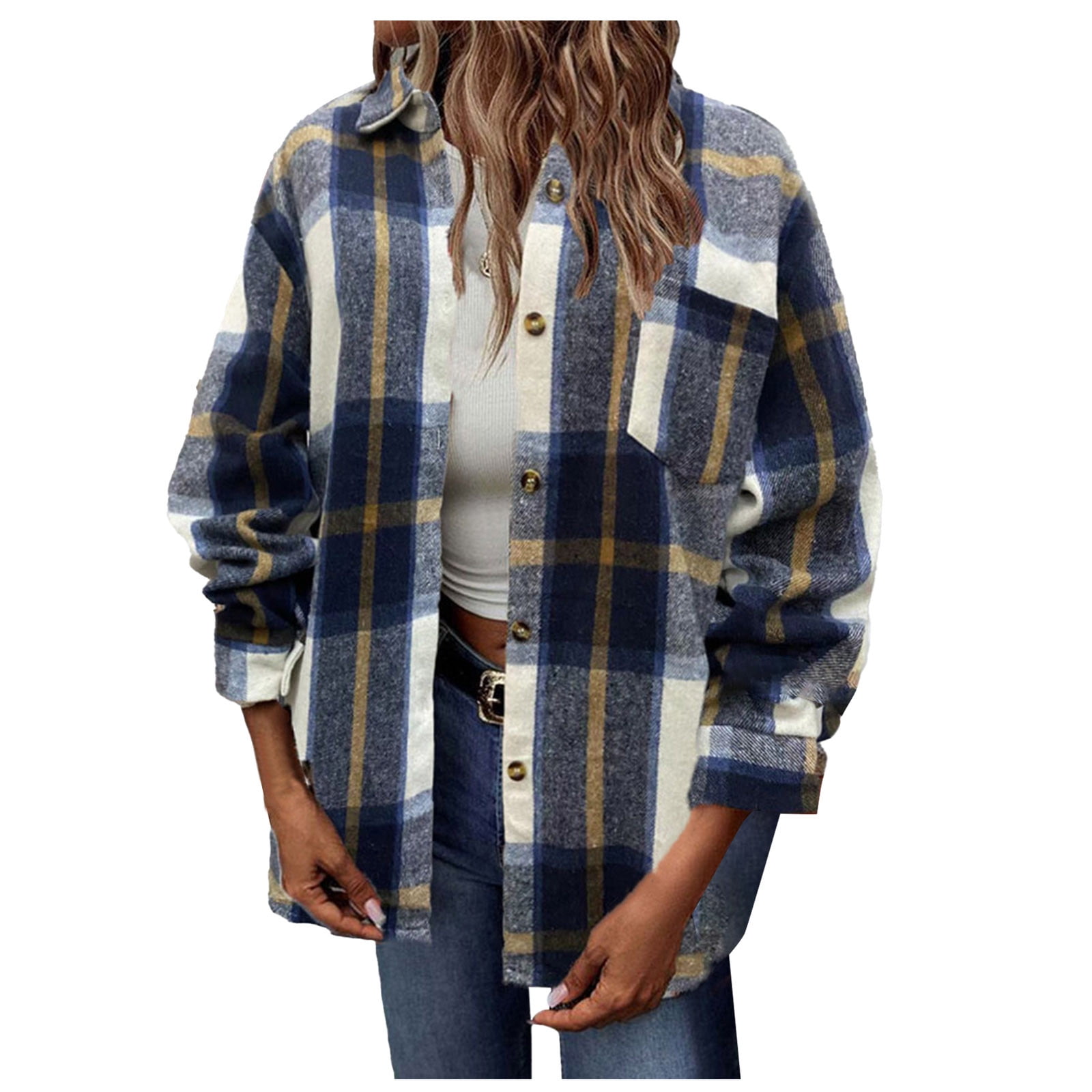 yievot Womens Shacket Jacket Casual Plaid Button Down Long Sleeve Shirt ...
