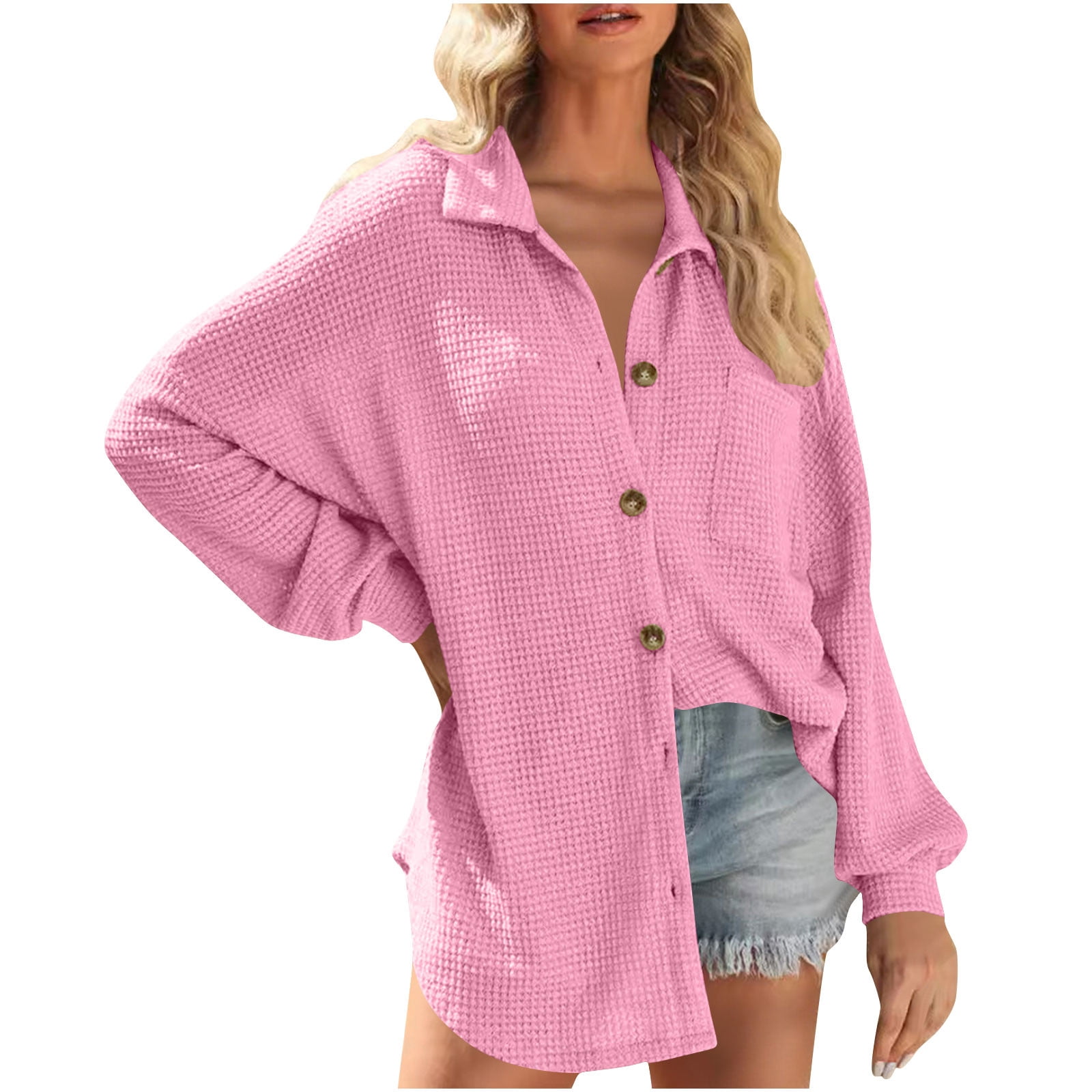 yievot Womens Waffle Knit Shacket Jacket Long Sleeve Button Down Shirts ...