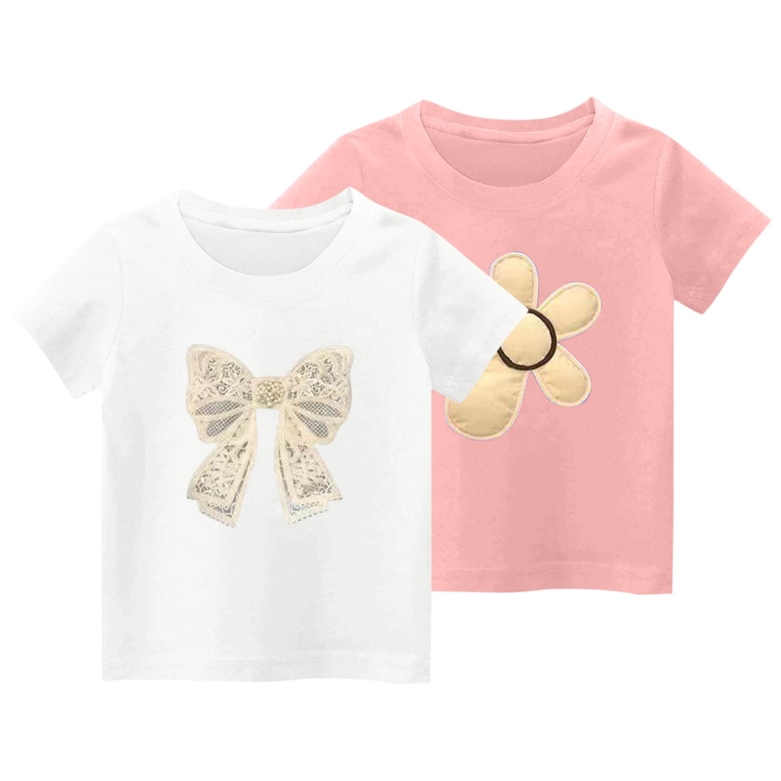 yillto 2 Pack Girls Cotton Shirts Short Sleeve Round Neck Graphic Cute ...
