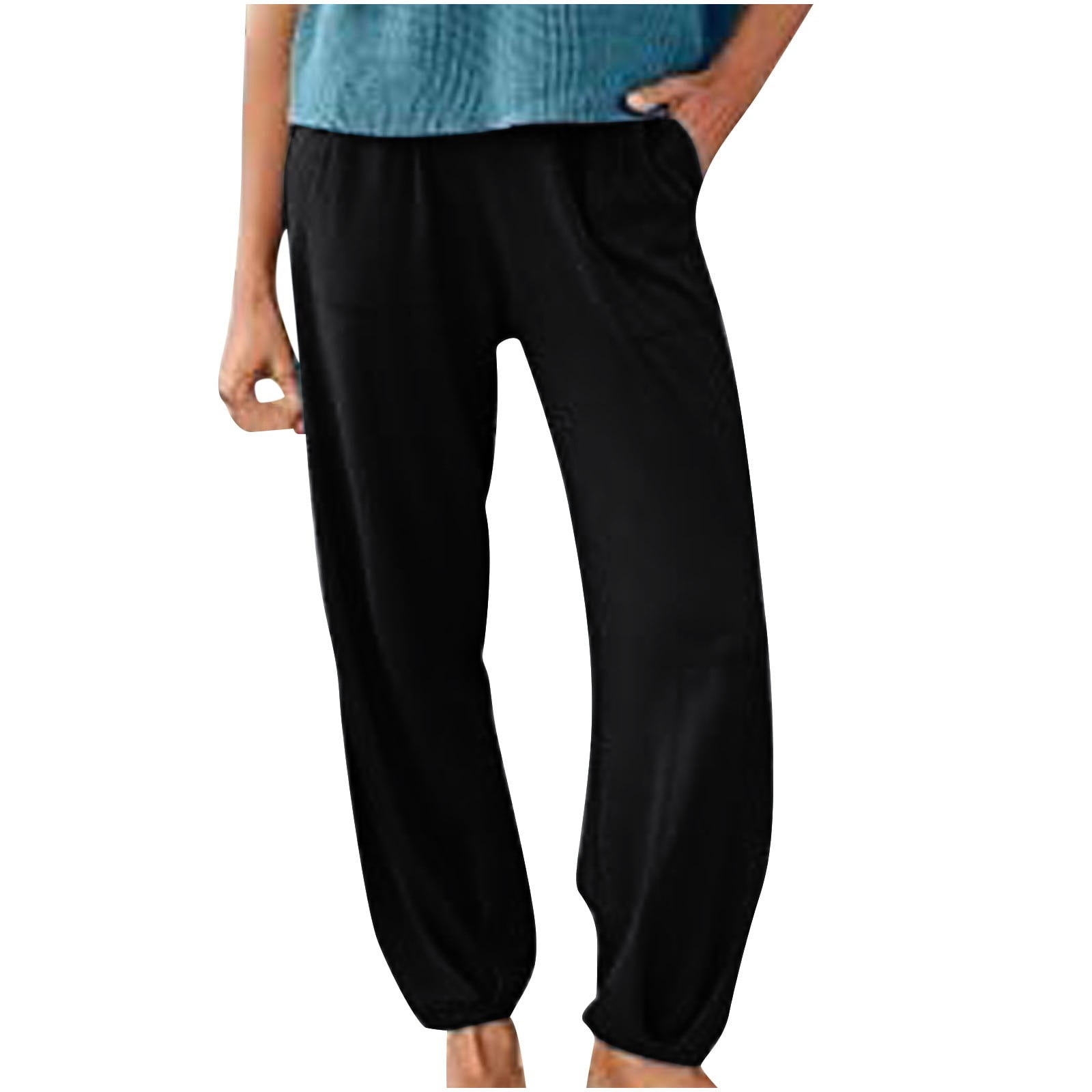 yillto 2024 Women's Pants Stretch Waistband Pocket Pants Trendy Casual ...