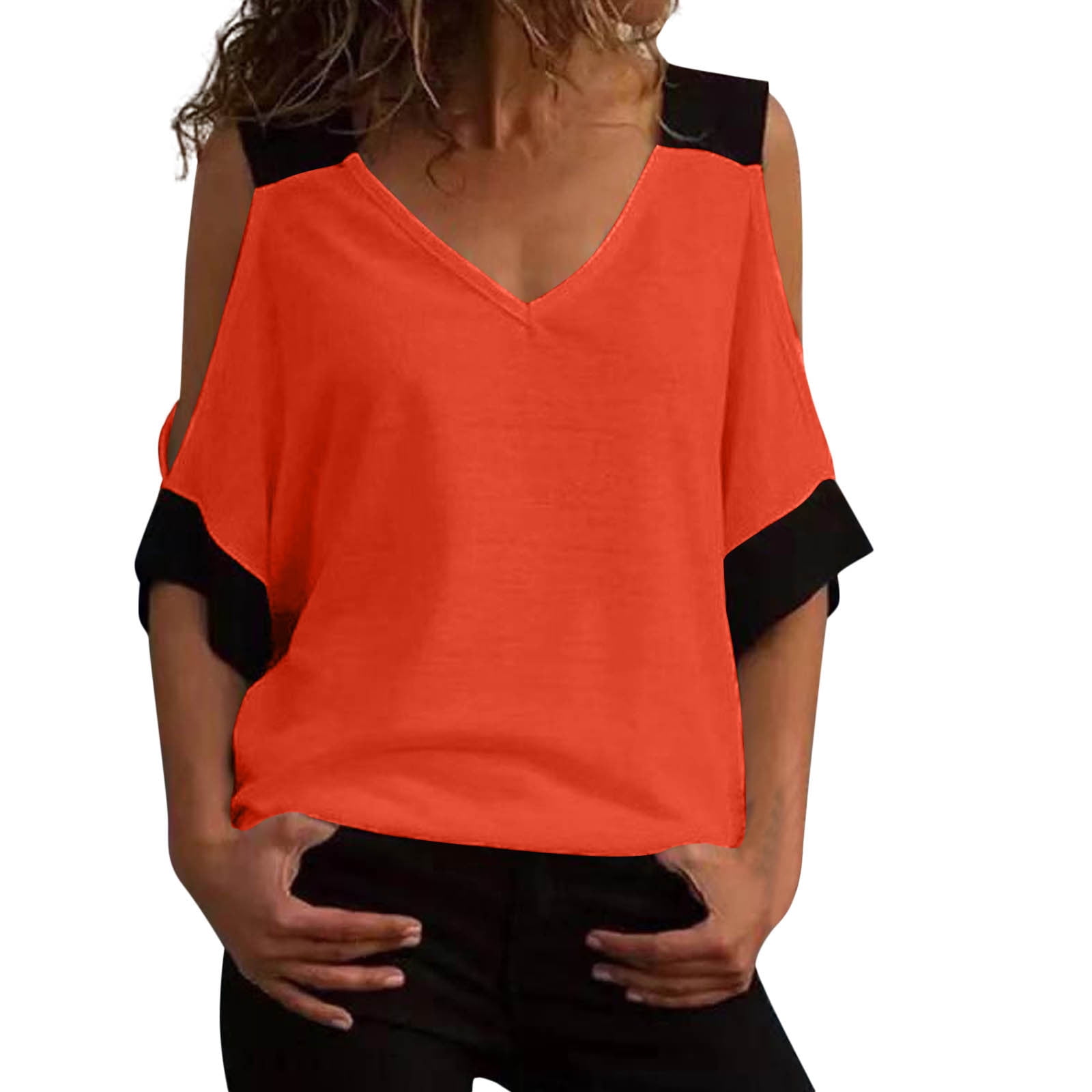 yillto Cold Shoulder Shirts for Plus Size Women V Neck 3/4 Sleeve Loose ...