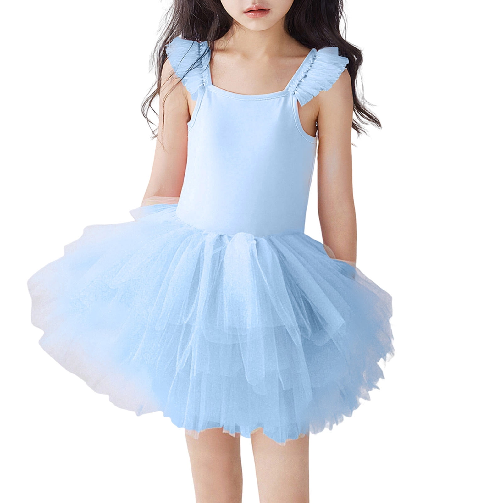 yillto Little Girls Dance Dresses Ruffle Sleeve Leotards Dress Mesh ...