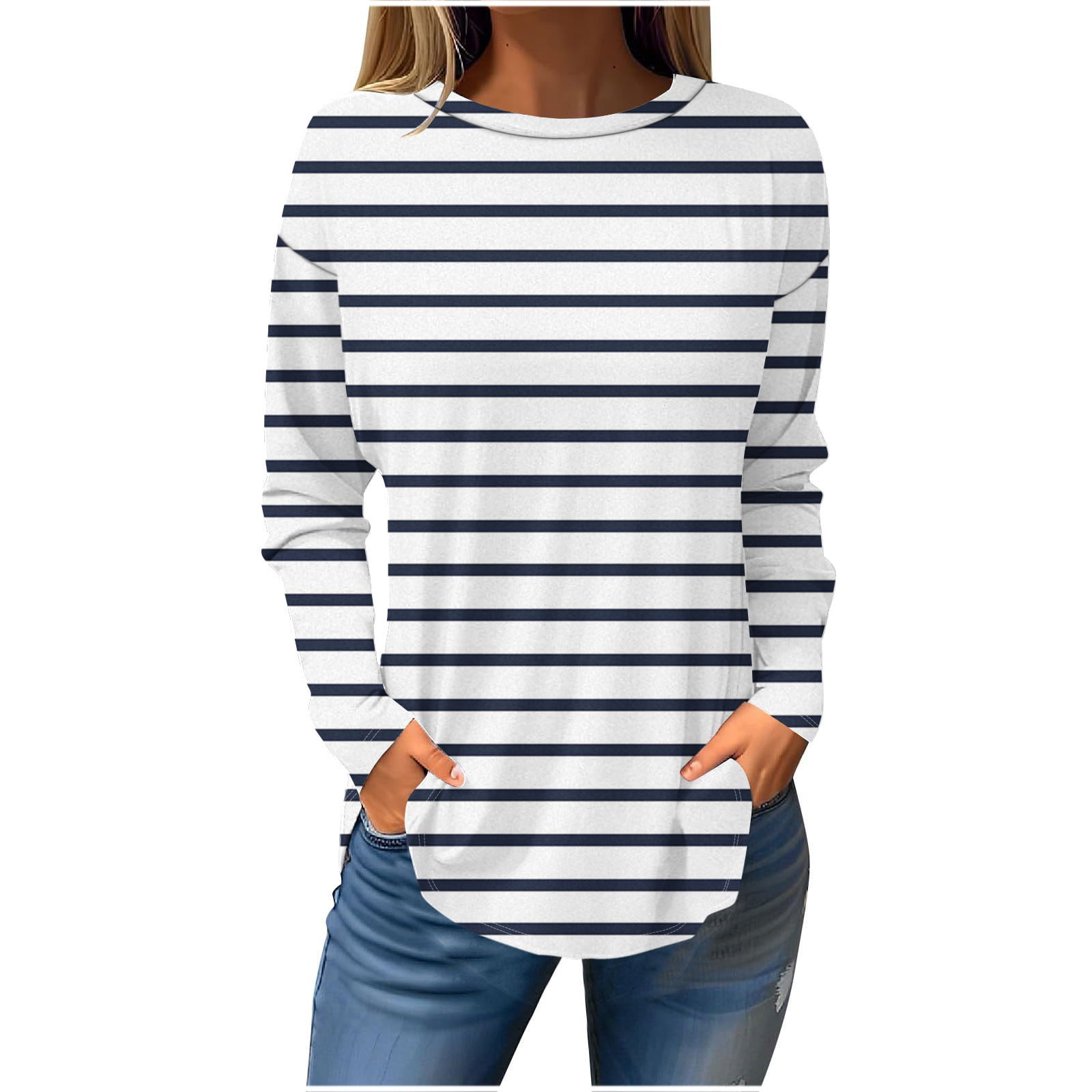 yillto Long Sleeve Shirt for Women Plus Size Round Neck Striped Tunic ...