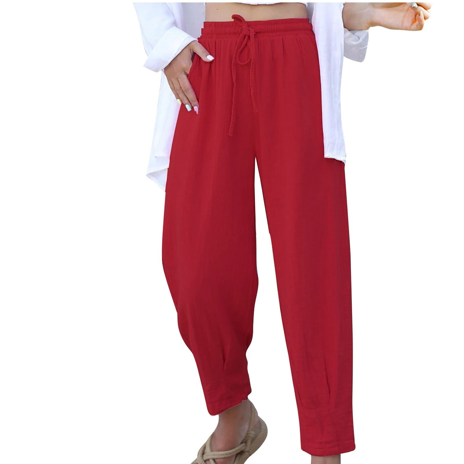 yillto Pants for Women Solid Color Elastic Waist Drawstring Pant ...