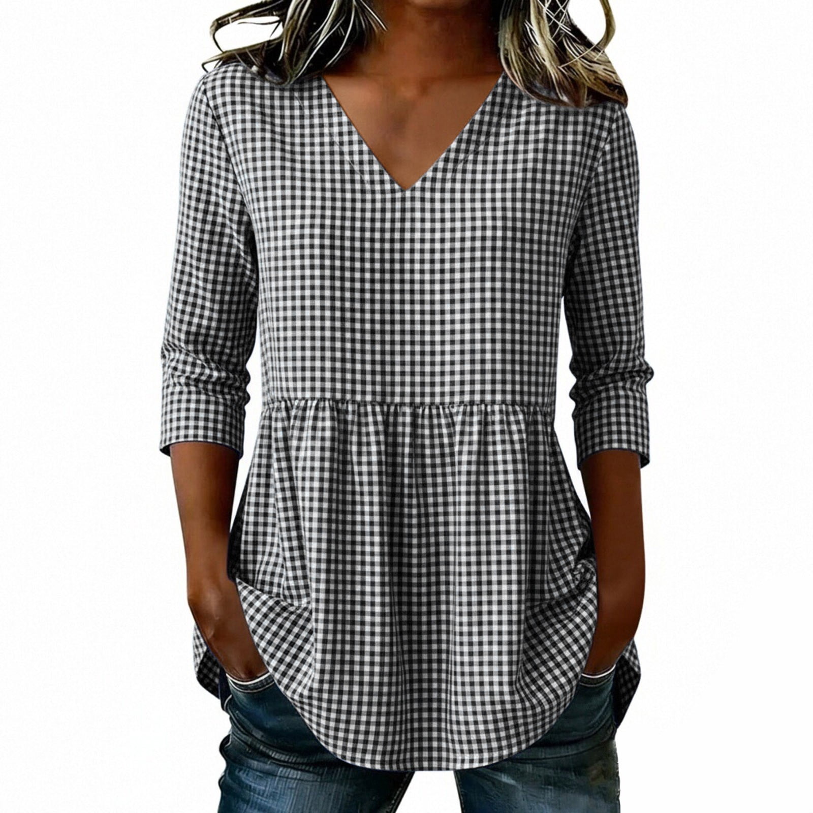 yillto Women 3/4 Sleeve Top Plaid V Neck Ruffle Hem Flowy Tunics ...