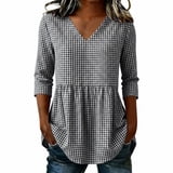 yillto Women 3/4 Sleeve Top Plaid V Neck Ruffle Hem Flowy Tunics ...