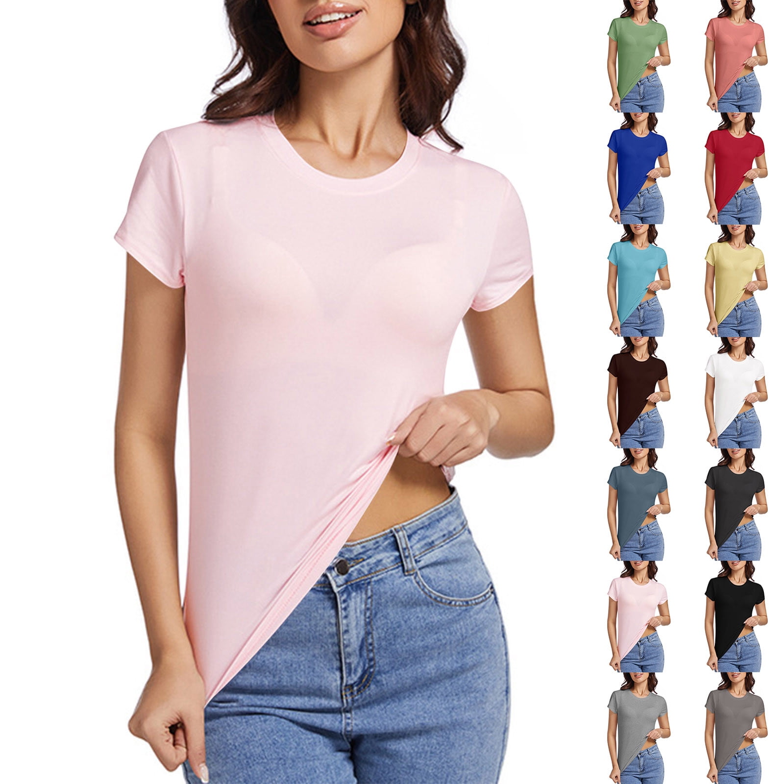 yillto Women Basic Tee Short Sleeve Solid Color Slim Shirts Lightweight ...