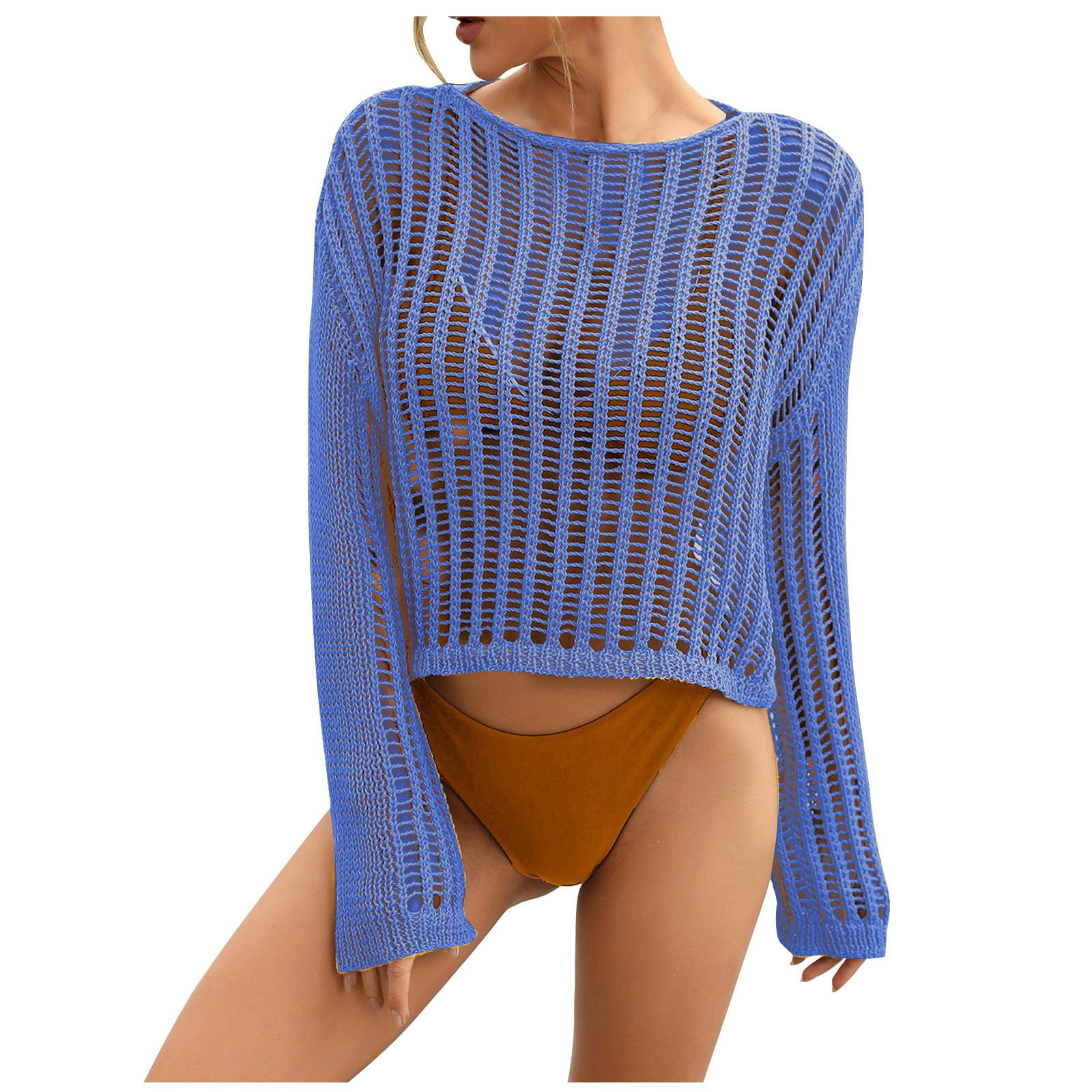 yillto Women Crop Cover up Crochet Long Sleeve Lightweight Beachwear Protection Bikini Knit Mesh ...