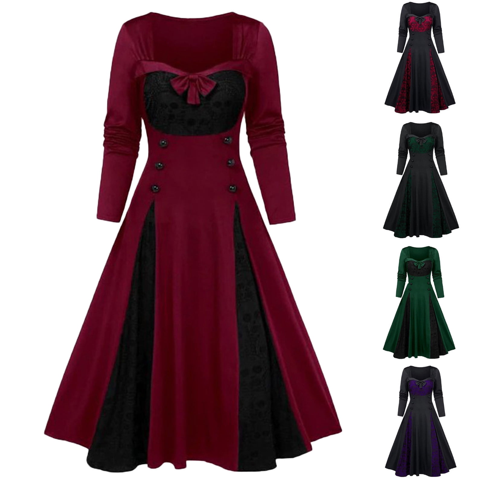 yillto Women Dress Vintage Long Sleeve Square Neck High Waist Fall ...