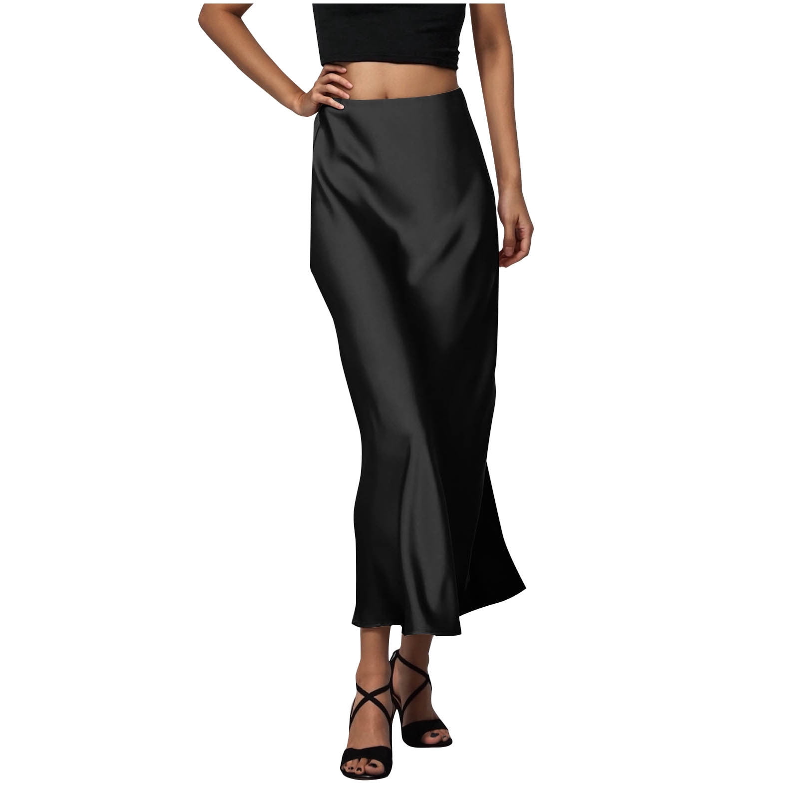 yillto Women Satin Silky Maxi Skirt High Waist Slim Causal Business ...