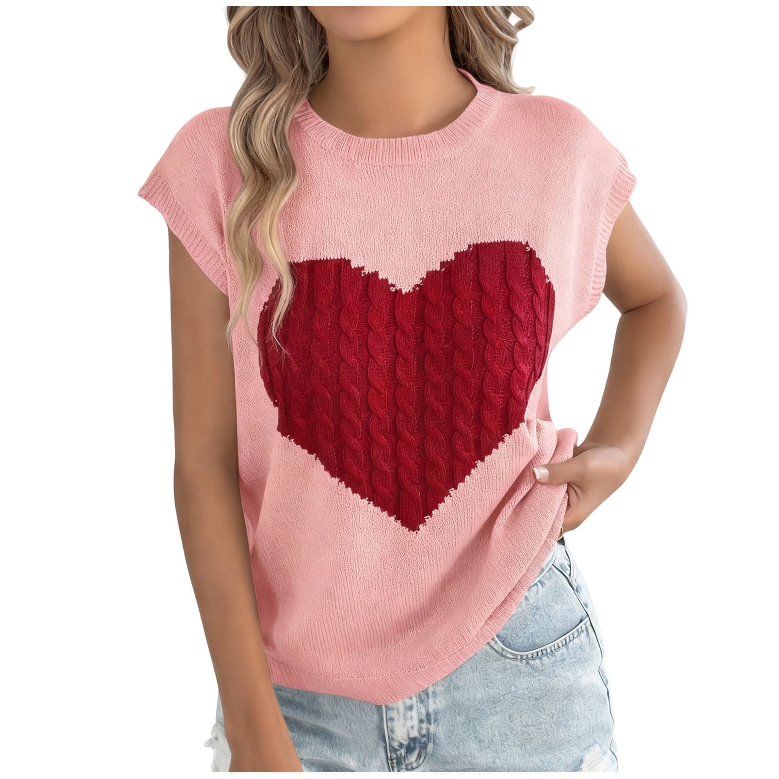 yillto Women Valentine's Day Tops Short Sleeve Knit Sweater Cute Heart ...