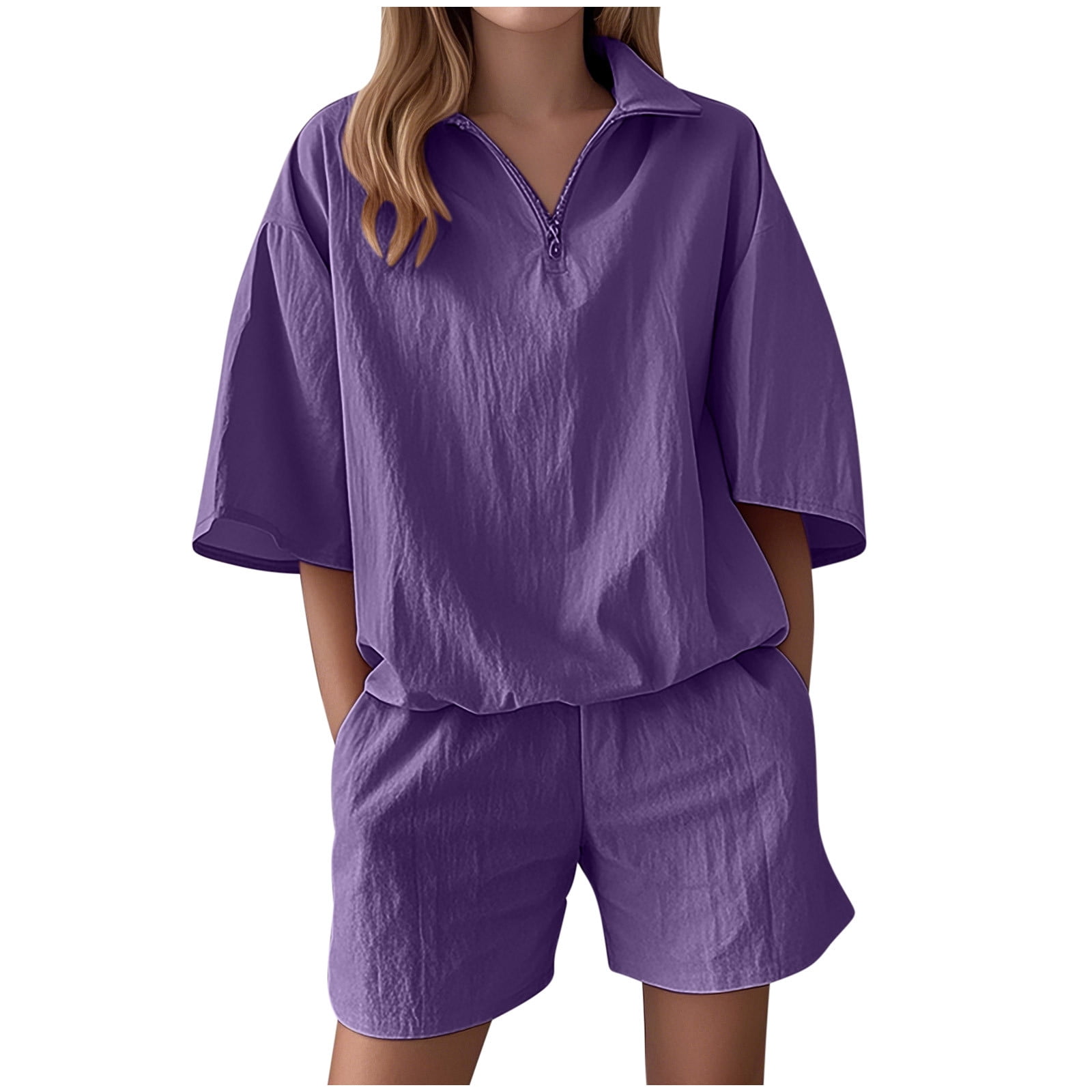 yillto Women's 2 Piece Short Sets Summer Loose Athletic Shorts and Zip ...