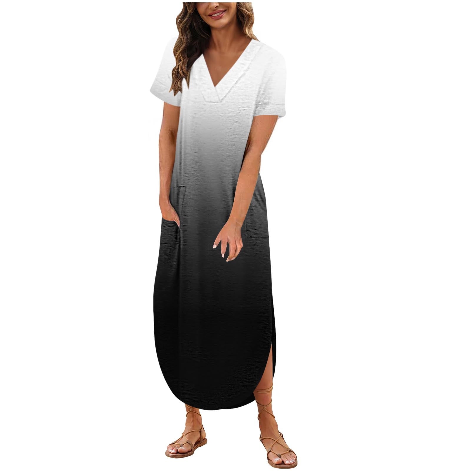 yillto Women's Elegant Long Dresses Printed V Neck Short Sleeve Split ...