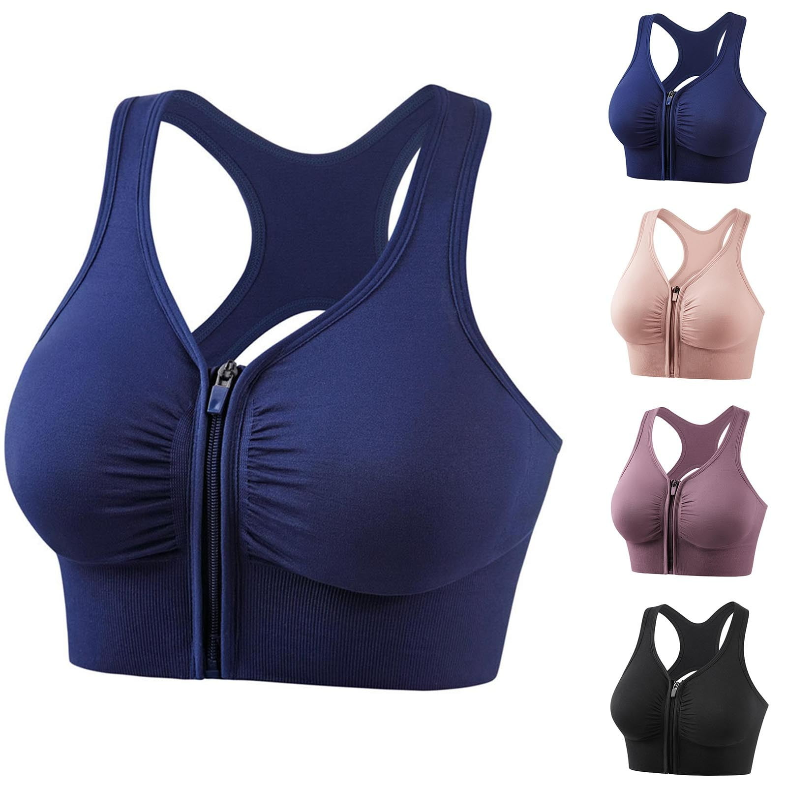 yillto Women's Zip Front Sports Bra Wireless Supportive Racerback ...