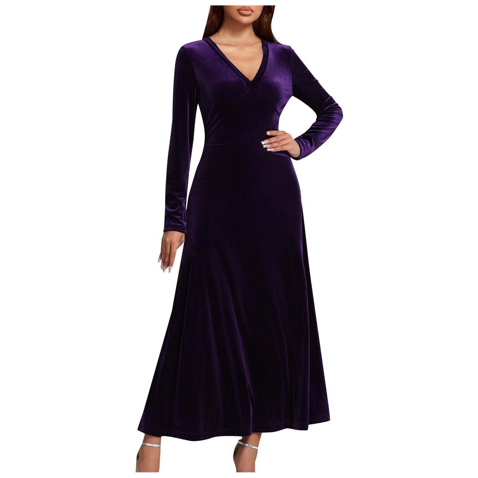 yillto Womens Fall Winter Maxi Dress Velvet V Neck Long Sleeve A-Line ...