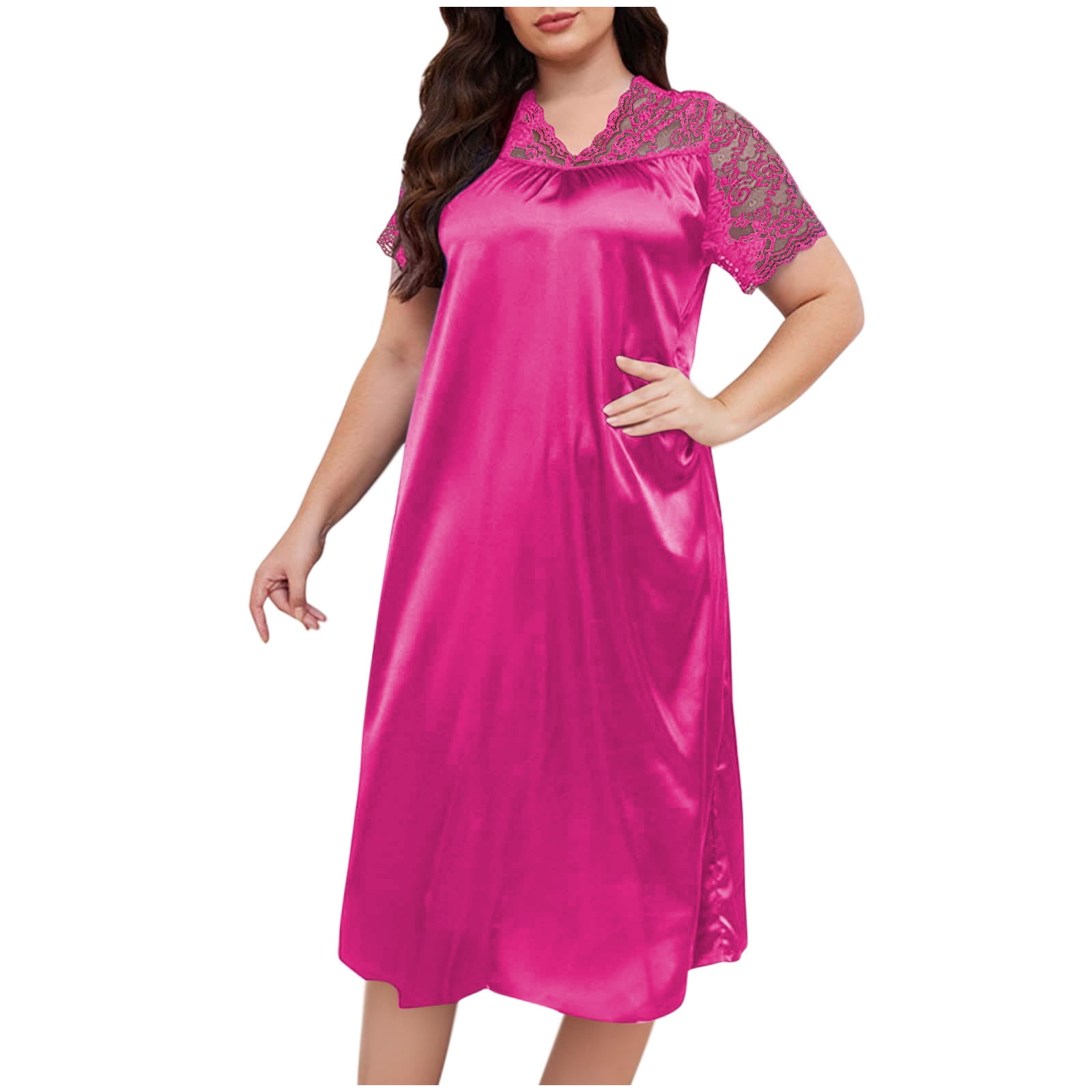 yillto Womens Plus Size Nightgowns Satin Silky Lace Short Sleeve V Neck ...