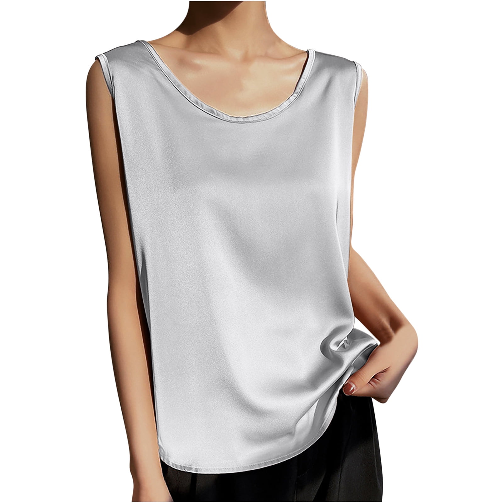 yillto Womens Satin Silky Tank Tops Dressy Crewneck Cami Tops Summer Sleeveless Blouse Shirt ...
