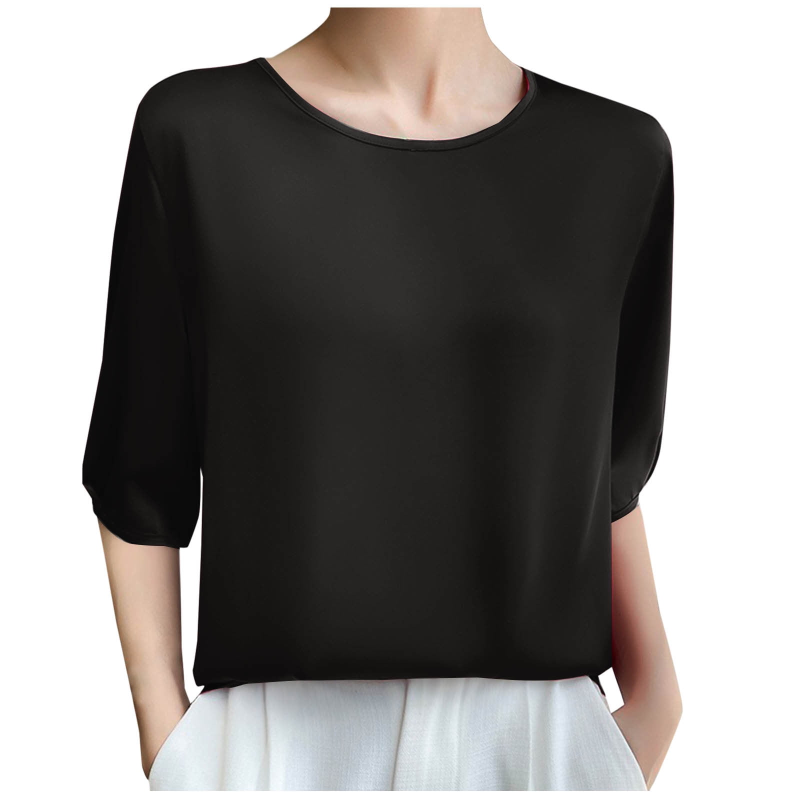 yillto Womens Satin Silky Tops Summer 3/4 Sleeve Crewneck Causal ...