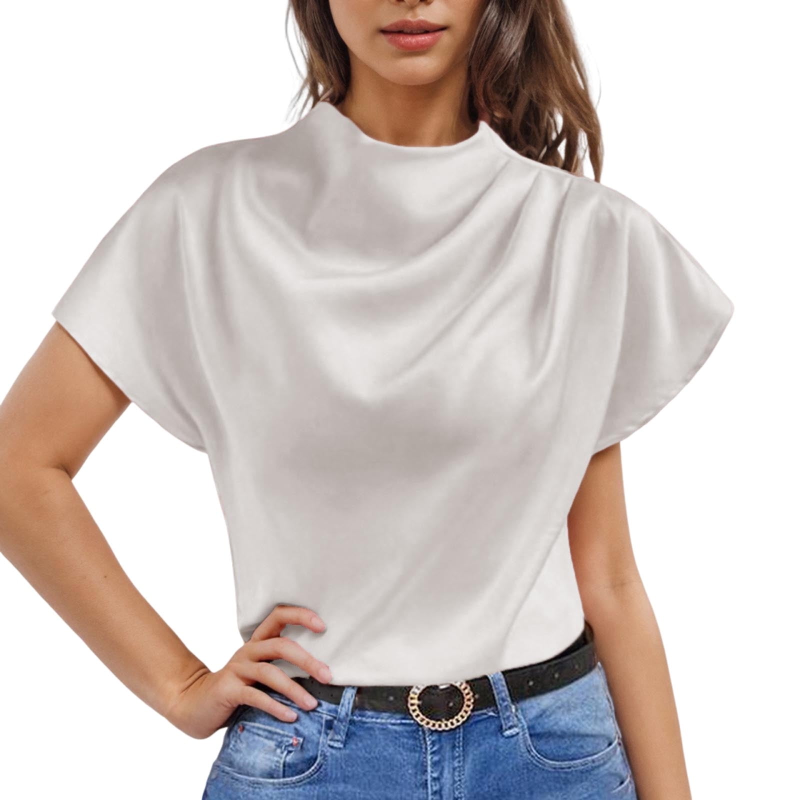 yillto Womens Satin Silky Tops Turtleneck Short Sleeve Business Causal ...