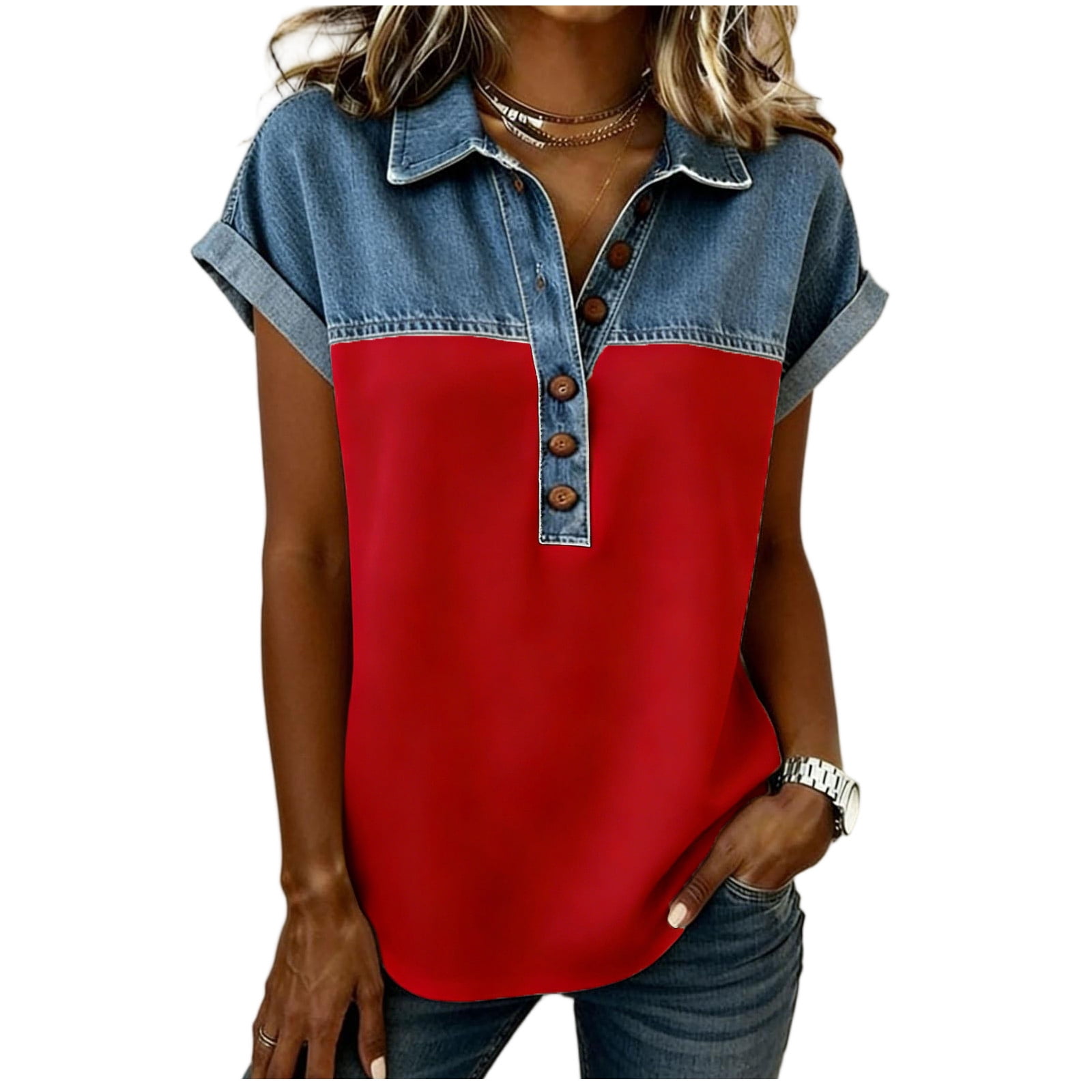 yillto Womens Spring Summer Tops Fashion Rolled Short Sleeve Jeans ...