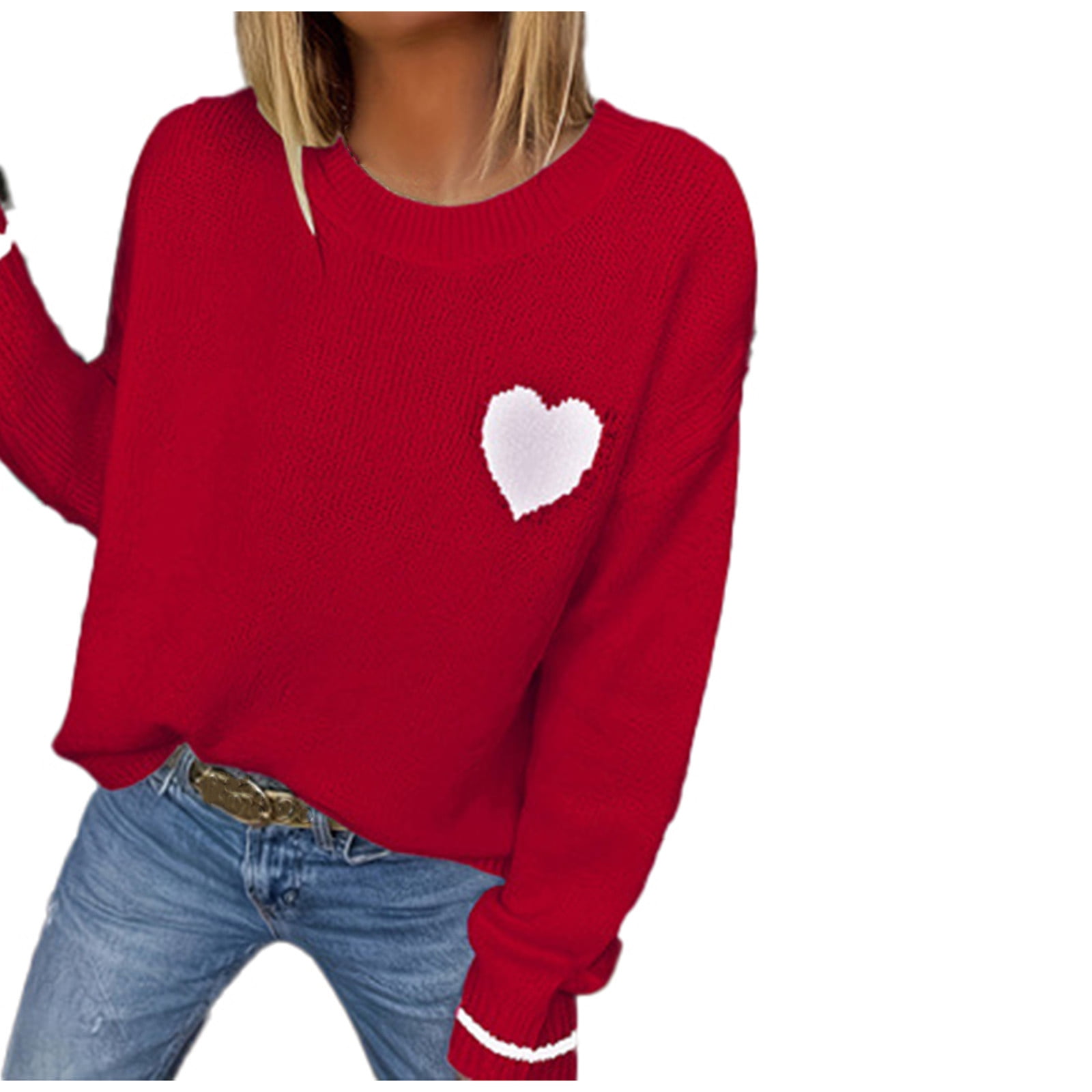 yillto Womens Valentine's Day Sweaters Heart Printed Knit Long Sleeve ...