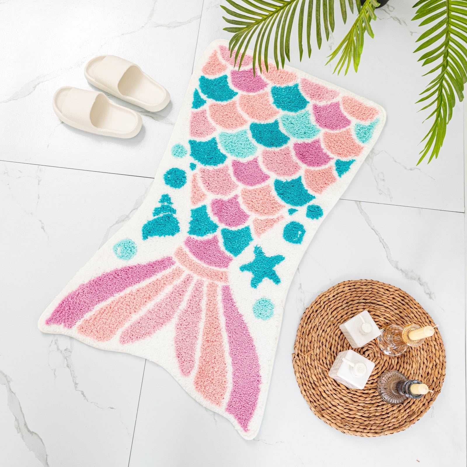 yingda1992 Mermaid Bath Mat Cute Pink Ocean Fish Scales Tail Shape Non ...