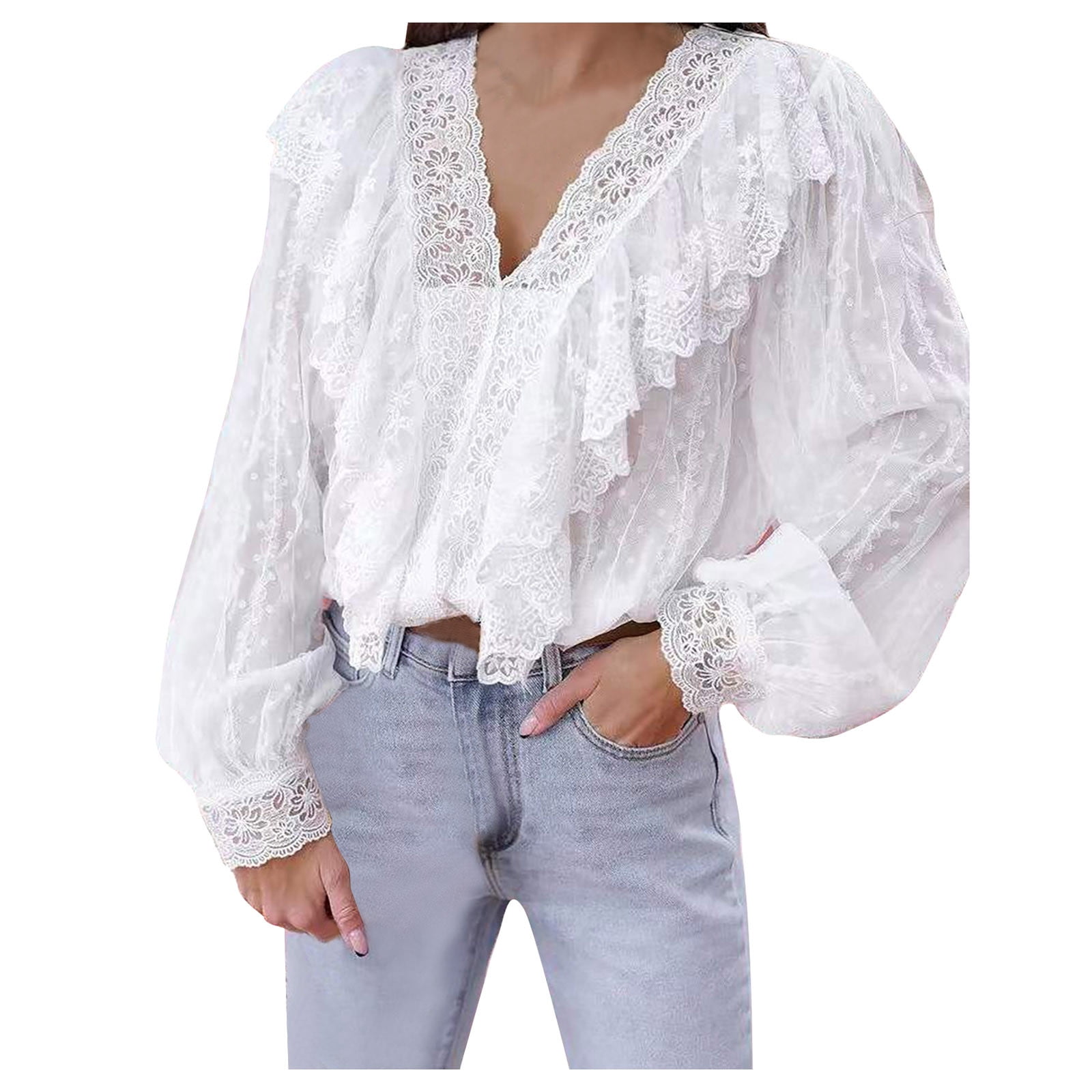 ylioge Blouses for Women Dressy Casual, Womens Lace Ruffle Falbala Long ...