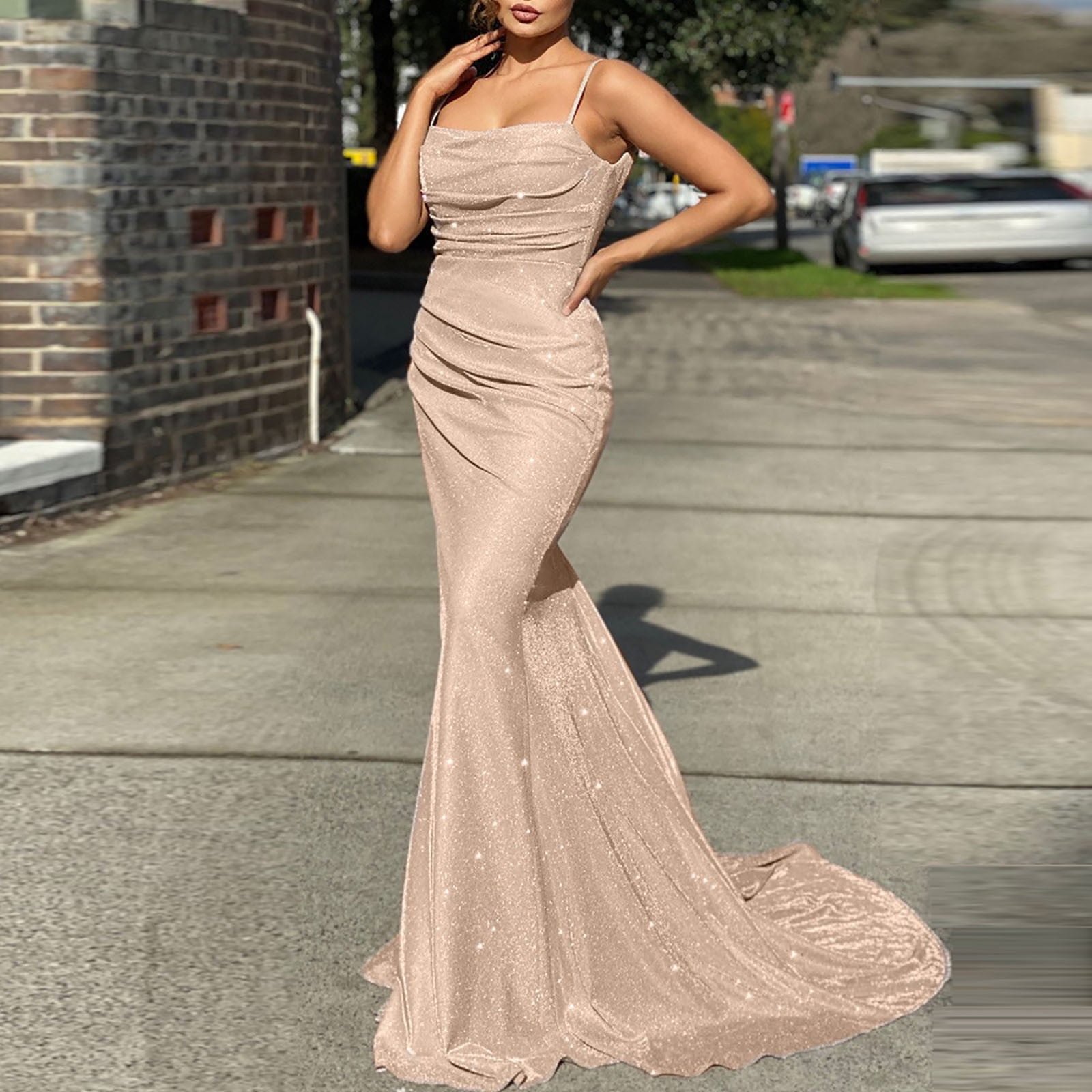 ylioge Maxi Dresses for Women Elegant Spaghetti Strap Pleated Sequins ...