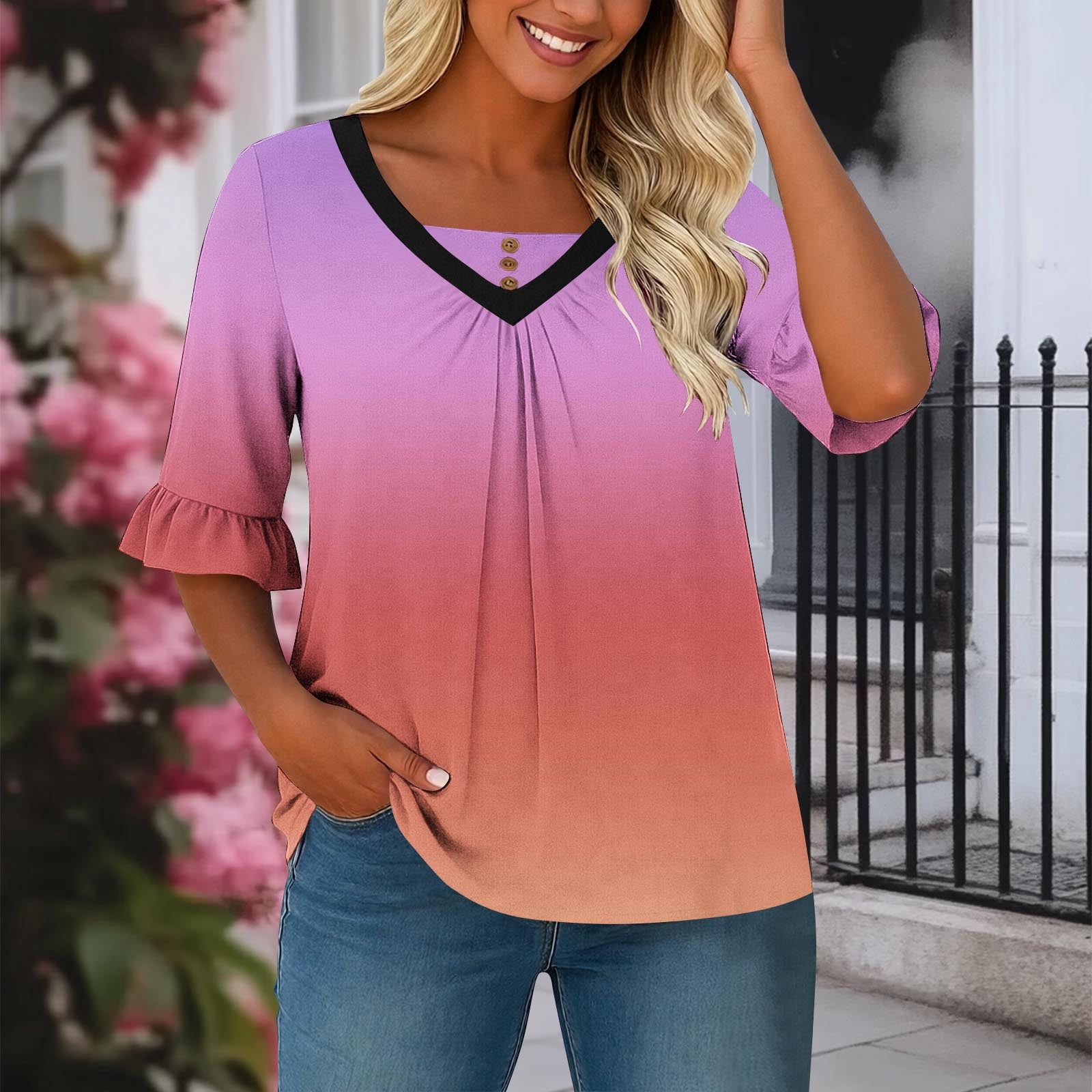 ylioge Plus Size T Shirts for Women XL-5X Elbow Bell-Sleeve V Neck Tees ...