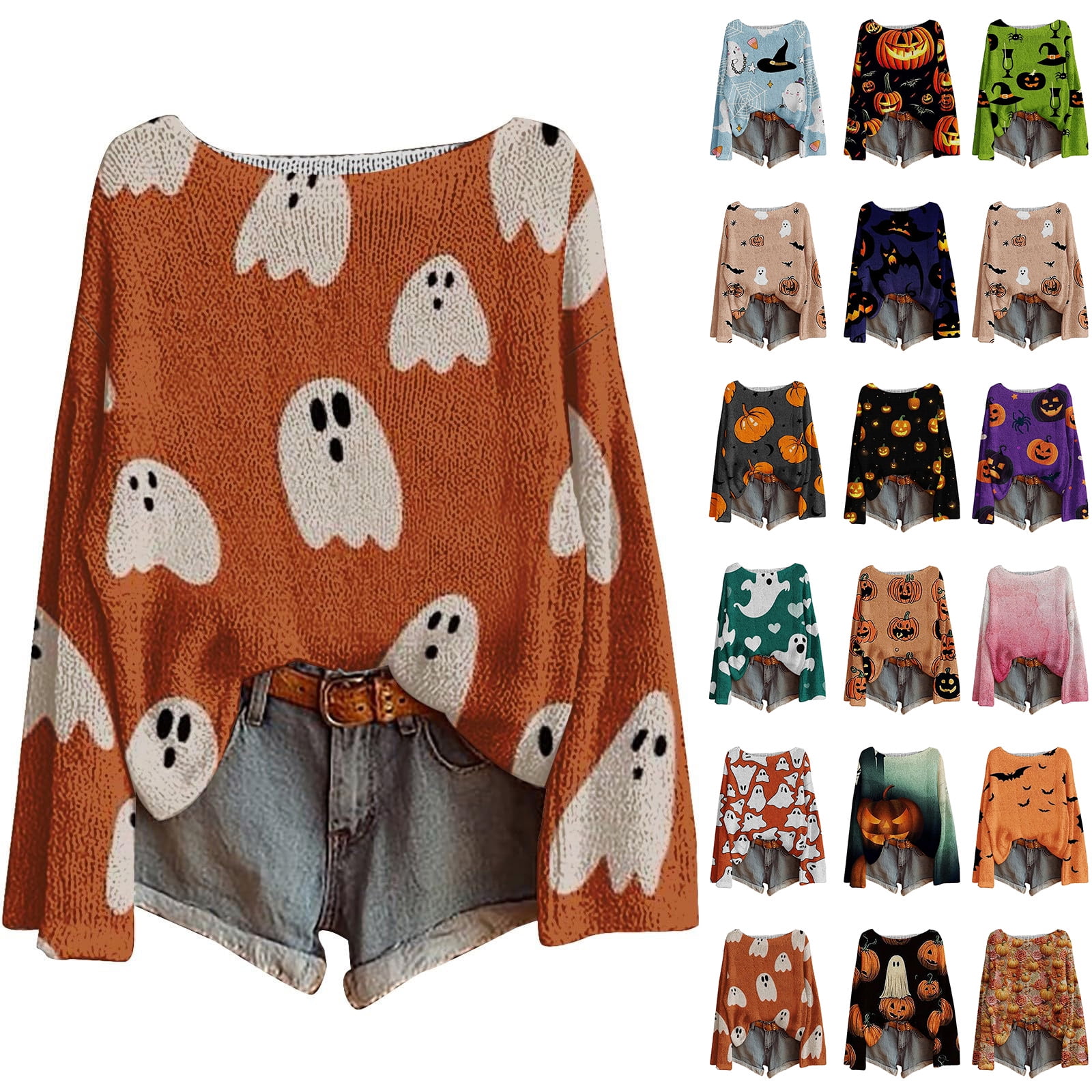 yoeyez Halloween Sweaters For Women Boho Vintage Spooky Season Pullover ...