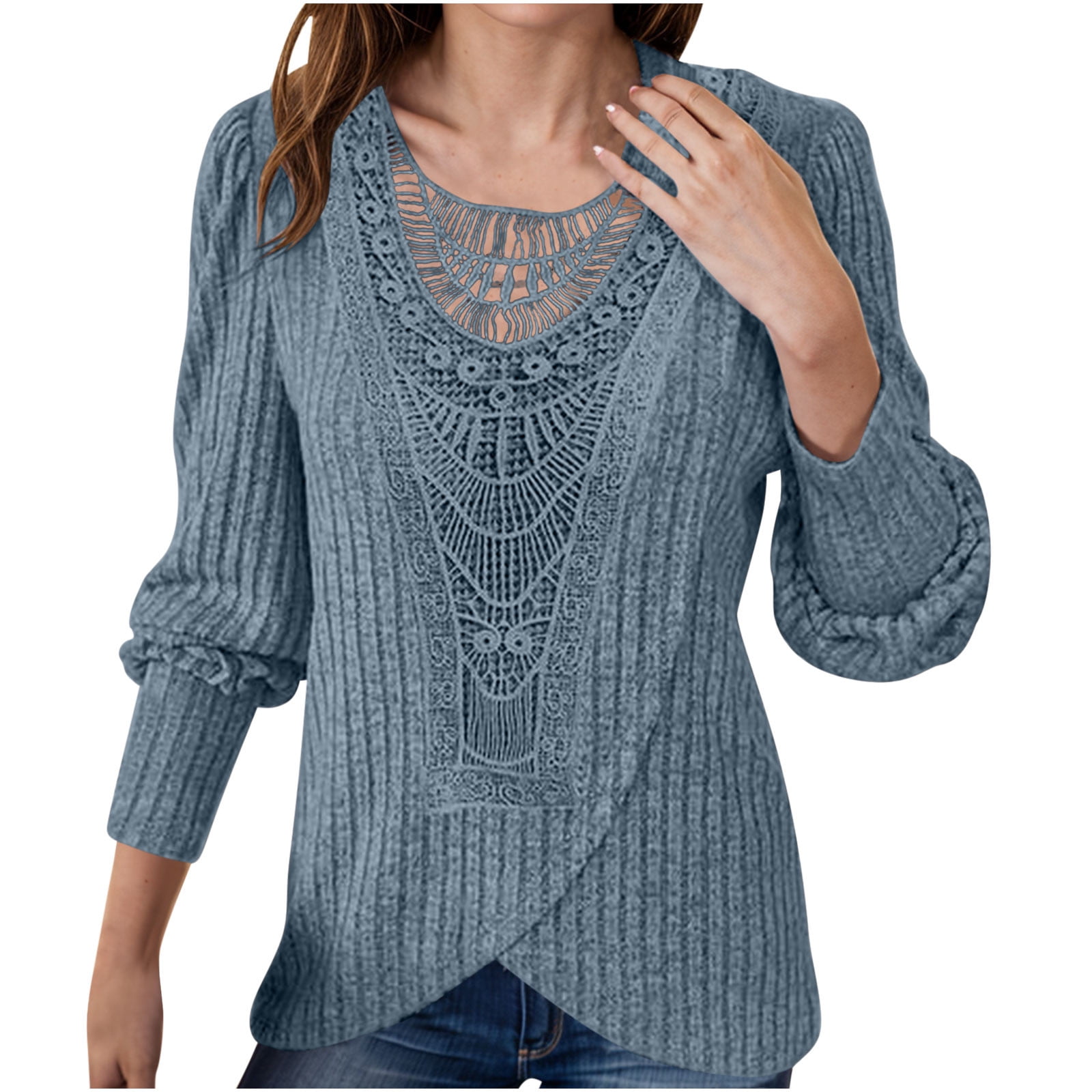 yoeyez Knit Stripe Blouses for Women Lace Crochet Long Sleeve Shirt ...