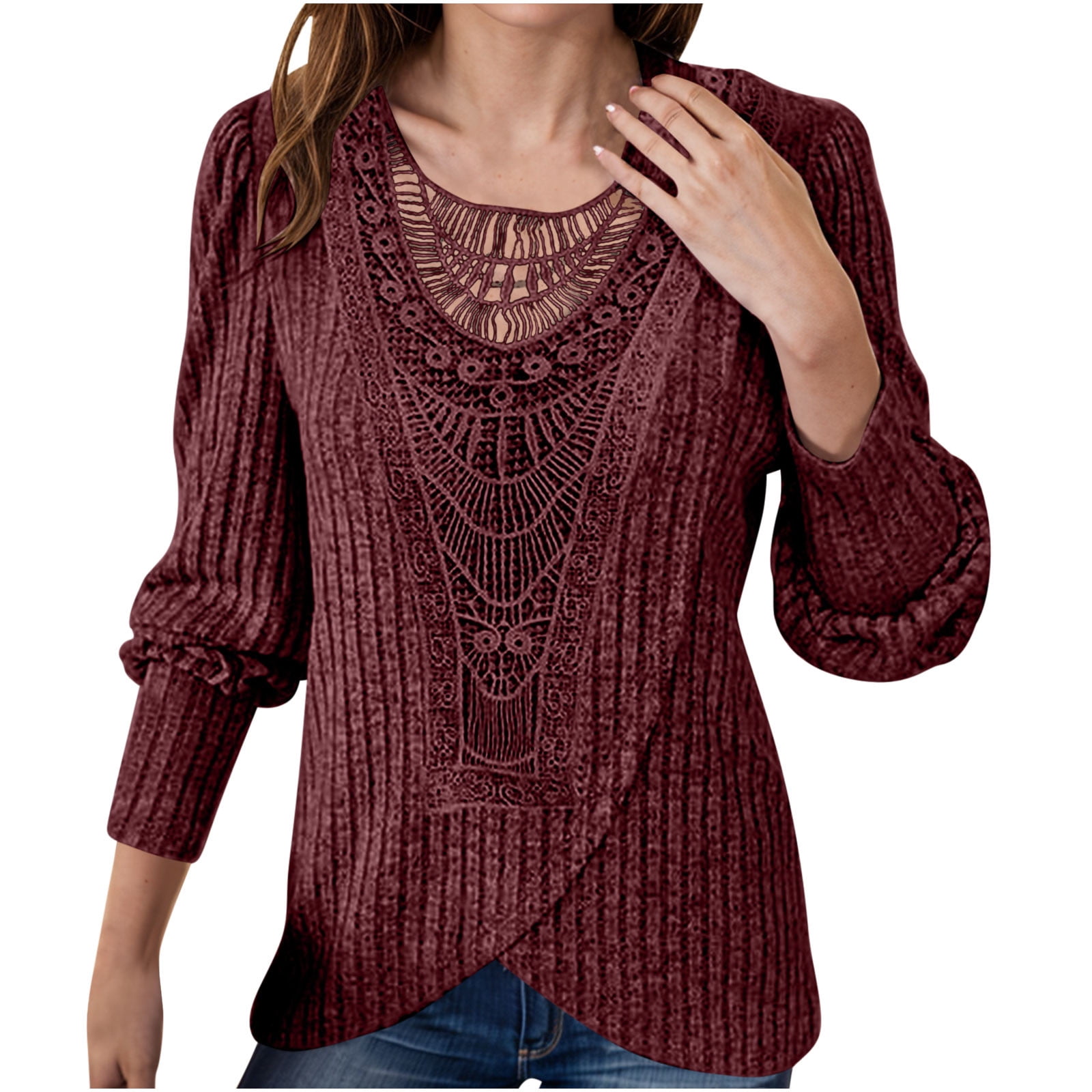 yoeyez Knit Stripe Blouses for Women Lace Crochet Long Sleeve Shirt ...