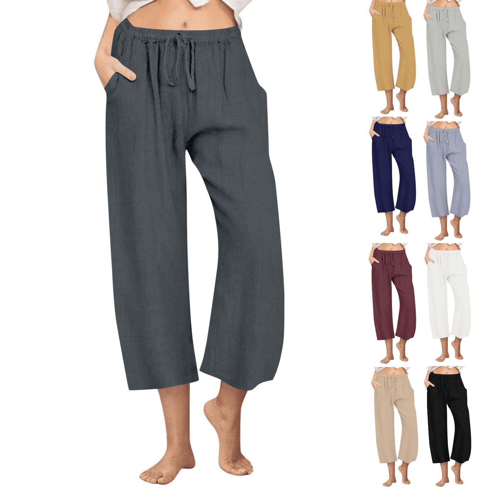 yoeyez Plus Size Women Capris Pants Baggy Linen Beach Capri Elastic ...