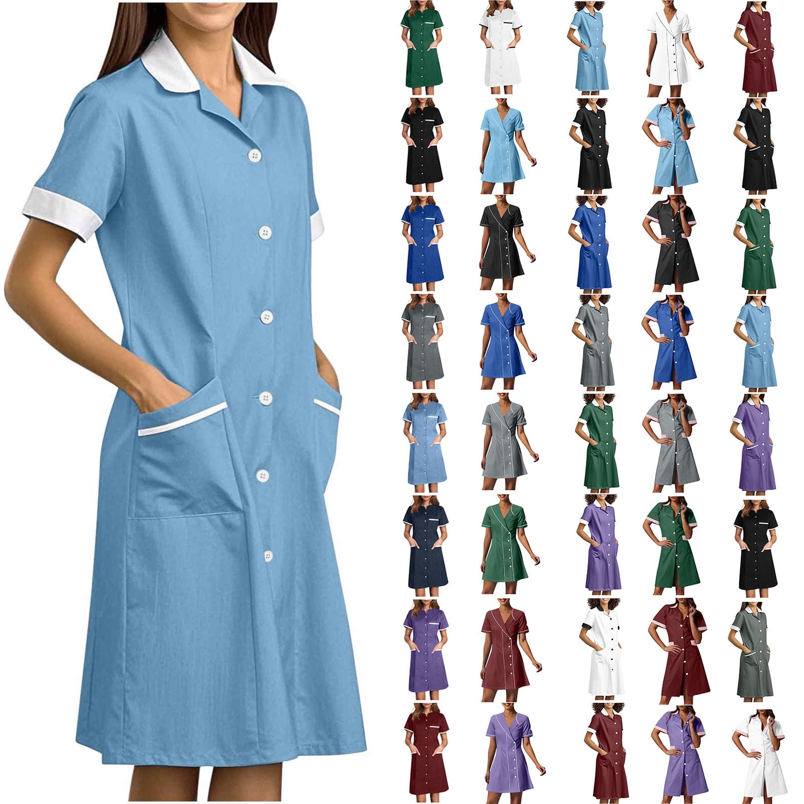 yoeyez Scrubs for Women Short Sleeve Nurse Working Uniform Buttons ...