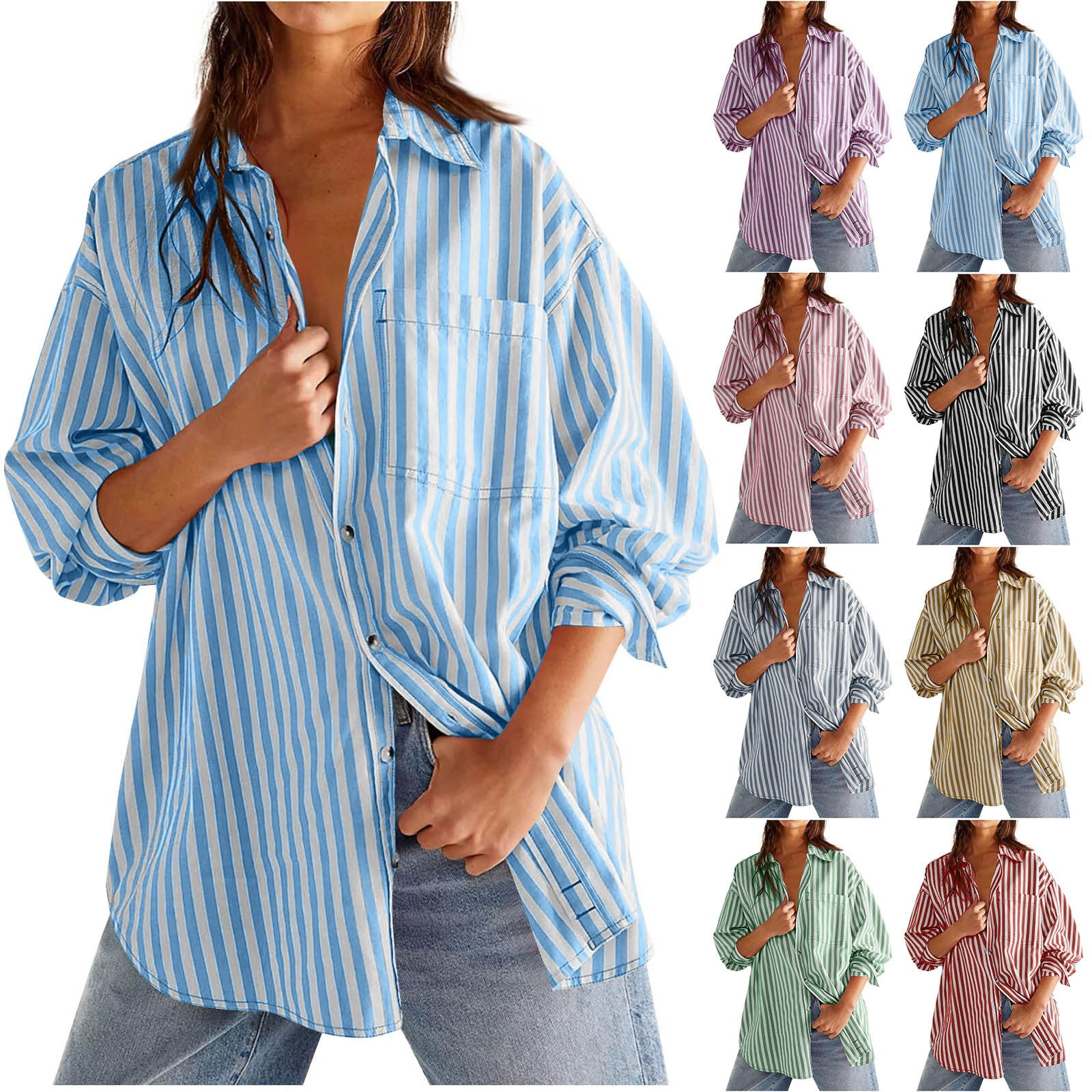 yoeyez Women's Oversized Button Down Shirt Blouse casual Dressy Striped ...