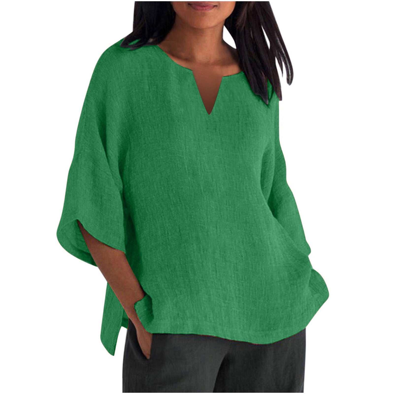 yoeyez Womens Cotton Linen Summer Tops 3/4 Length Sleeve Tunic Blouses ...