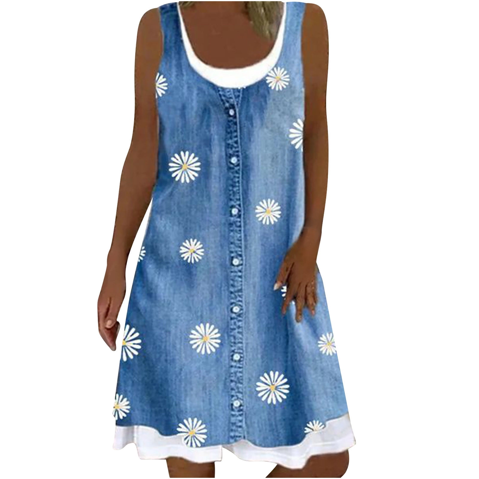 yoeyez Womens Denim Dresses Patchwork Short Sleeveless Summer Casual ...
