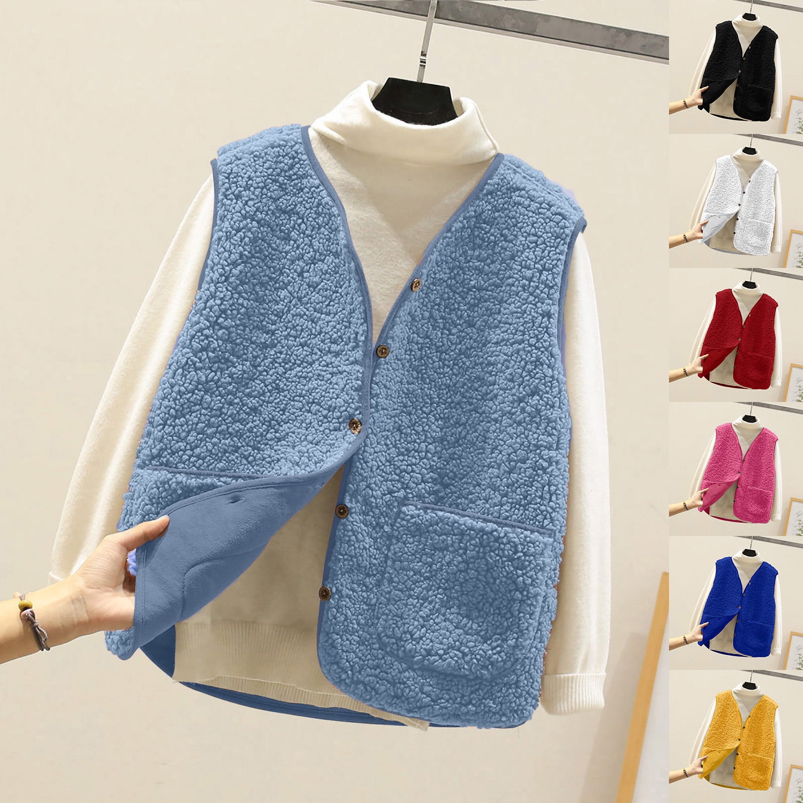 yoeyez Womens Fleece Sherpa Vest Cozy Sleeveless Button Down Waistcoat ...